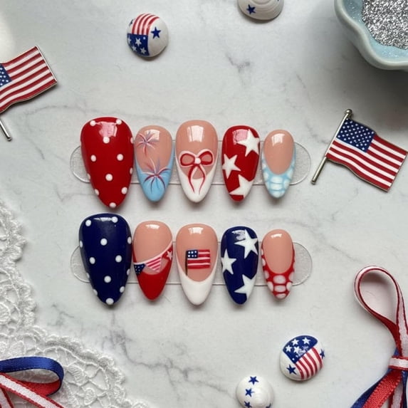 RAGUPEL 4Th of July Press on Nails Medium Almond Fake Nails Red White ...