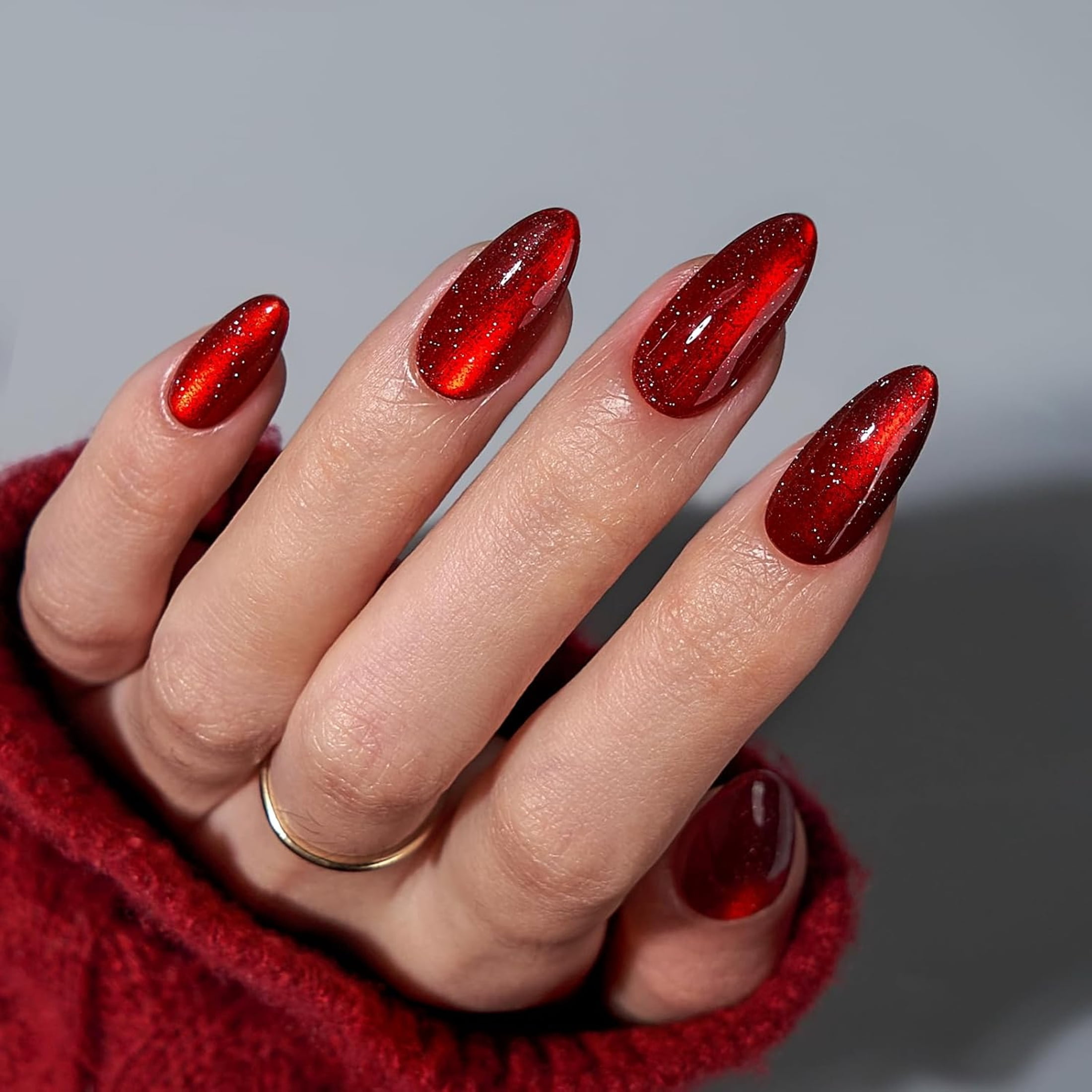 RAGUPEL Press on Nails Almond-Deep Red Sparkly Press on Nails with Glue ...