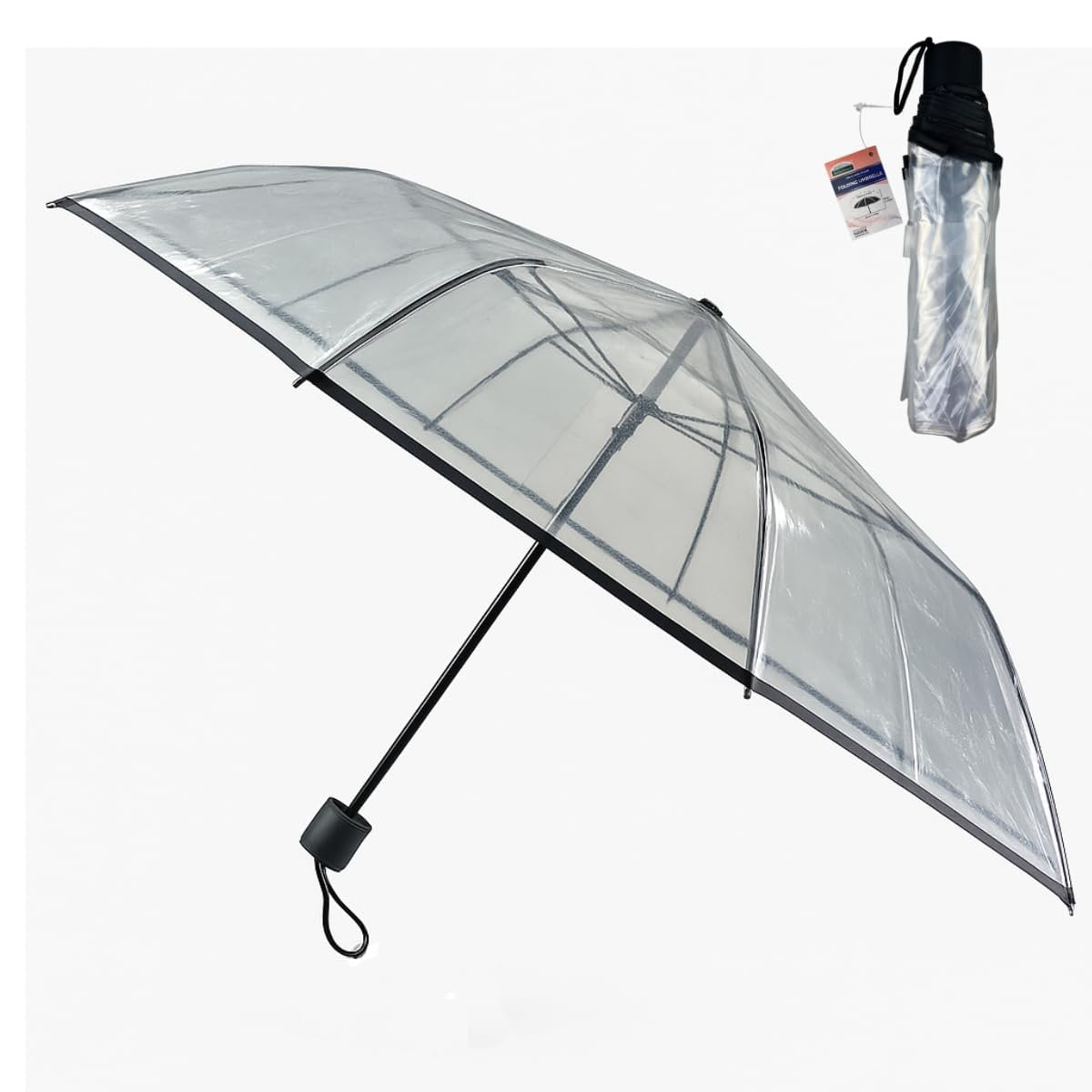 RAIN GUARD Clear Folding Umbrella Compact Travel Size, Manual Open with Strong Frame 41" Canopy ...