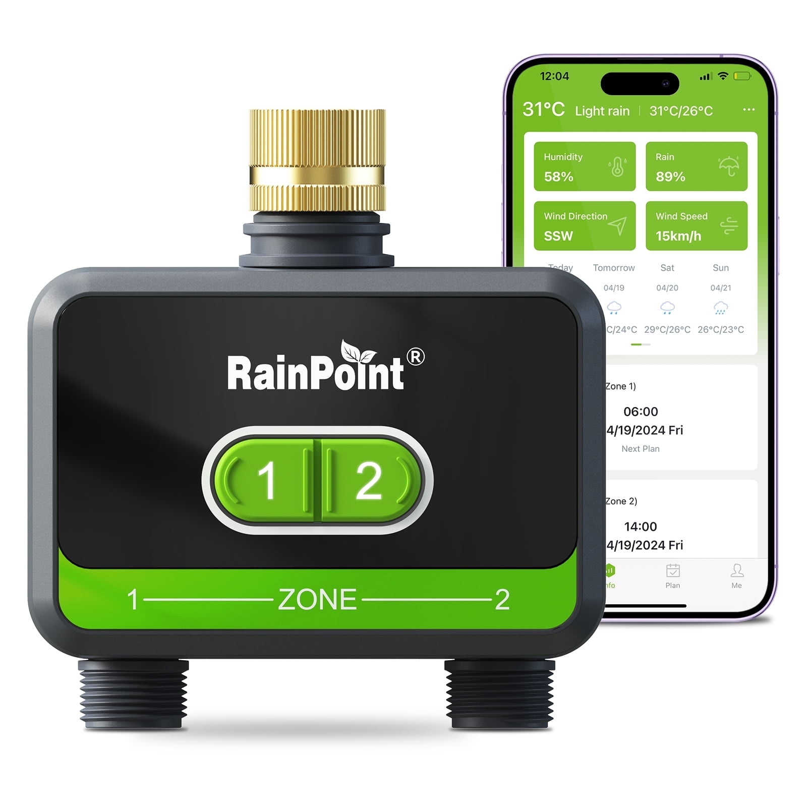 RainPoint Smart Bluetooth Hose Timer, App Control, 2 Outlet Sprinkler ...