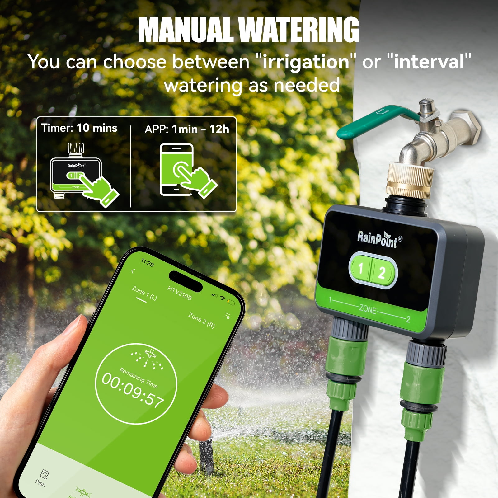 RAINPOINT Smart Sprinkler Timer 2-zone WiFi Water Timer for Irrigation System, HTV201B Hose ...