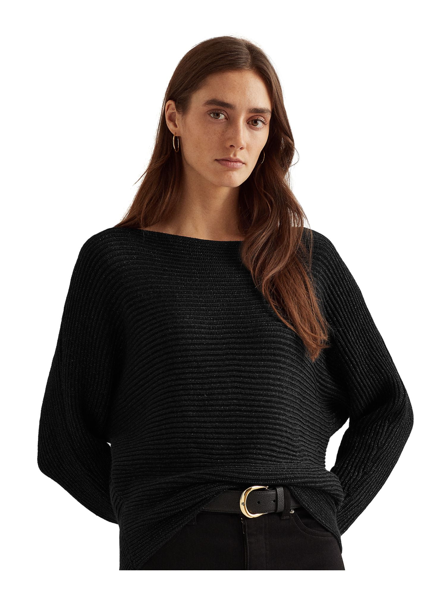 RALPH LAUREN Womens Black Metallic Ribbed Long Sleeve Boat Neck Wear To ...