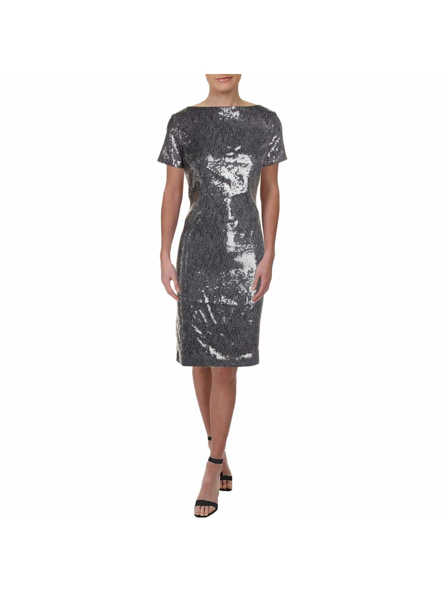 RALPH LAUREN Womens Gray Sequined Short Sleeve Boat Neck Knee Length ...