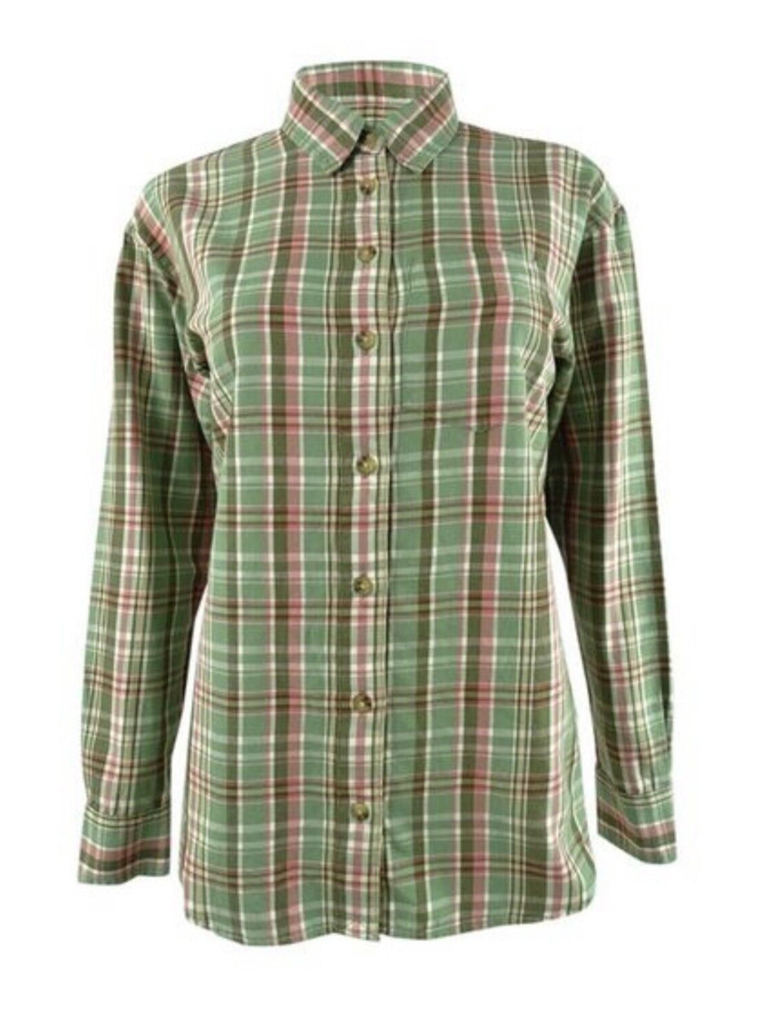 RALPH LAUREN Womens Green Pocketed Shirttail Hem Plaid Cuffed Sleeve ...