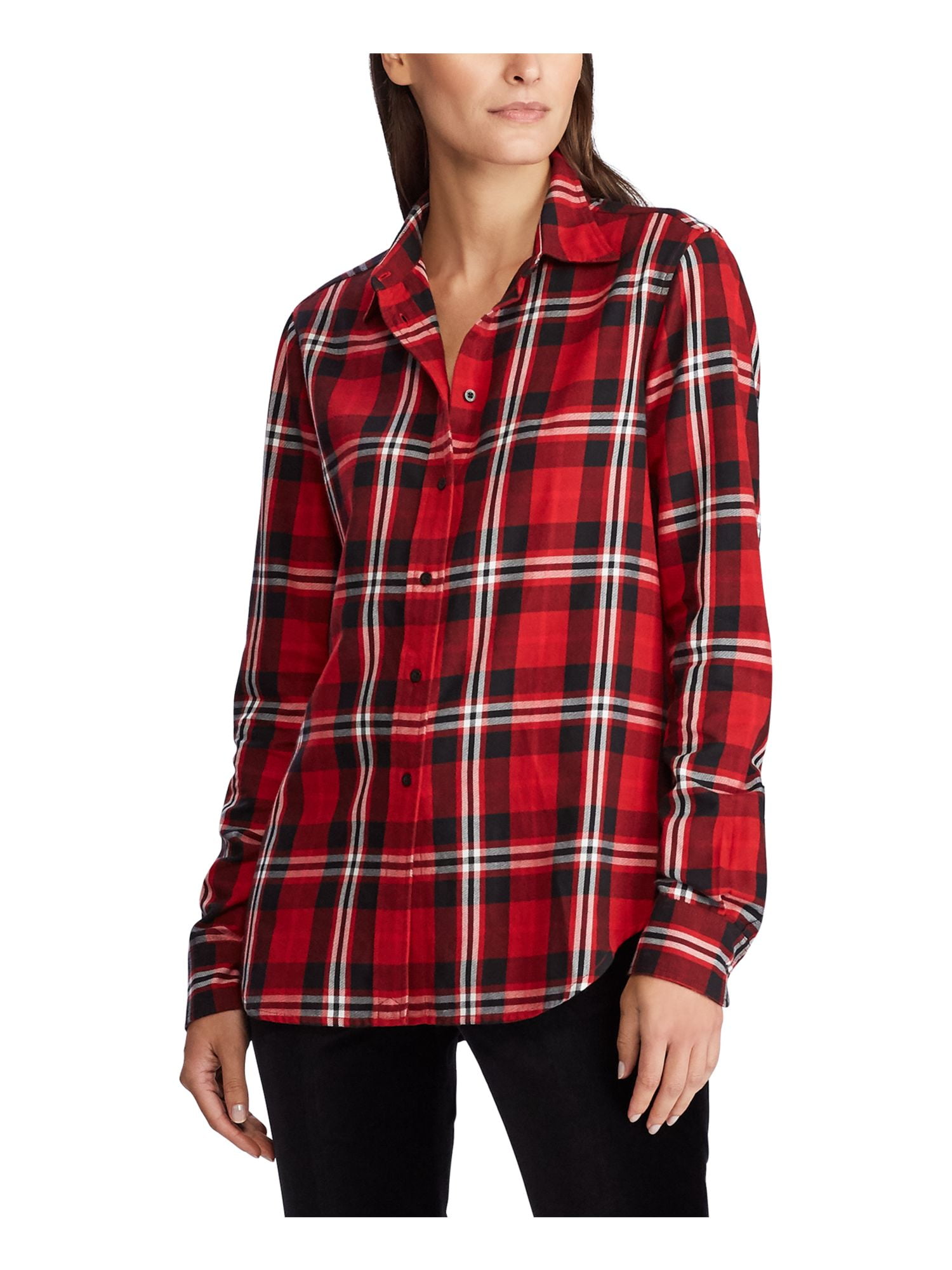 RALPH LAUREN Womens Red Plaid Cuffed Collared Button Up Top Petites PXS ...