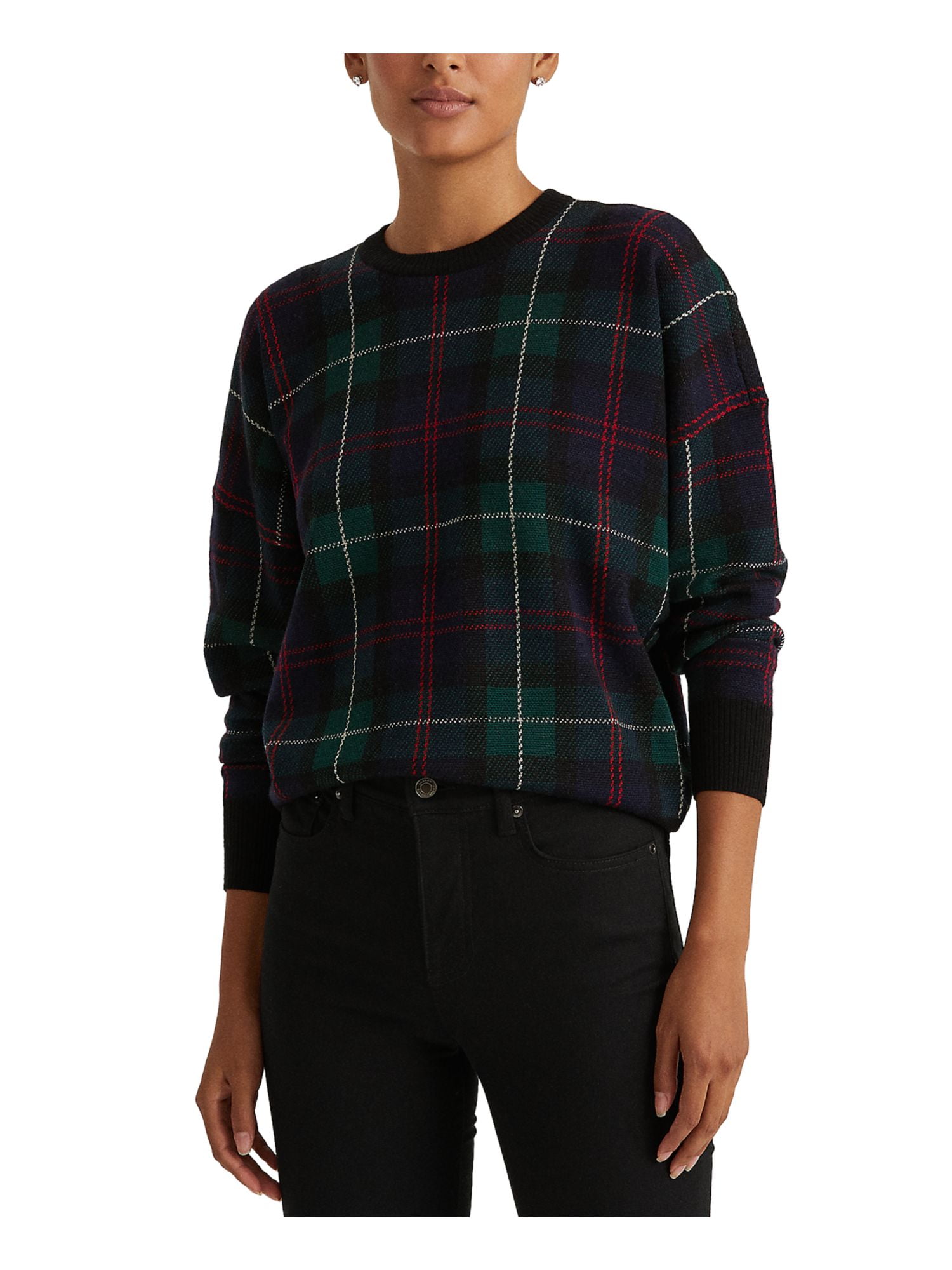 RALPH LAUREN Womens Red Ribbed Dropped Shoulders Boxy Fit Plaid Long ...