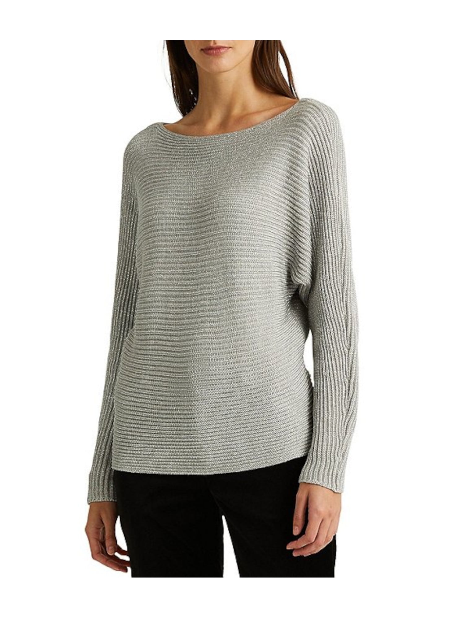 RALPH LAUREN Womens Silver Metallic Textured Long Sleeve Boat Neck ...