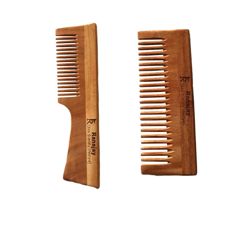 RANAJAY Neem Wooden Comb Set of 2 Handle Comb and Shampoo Comb for ...
