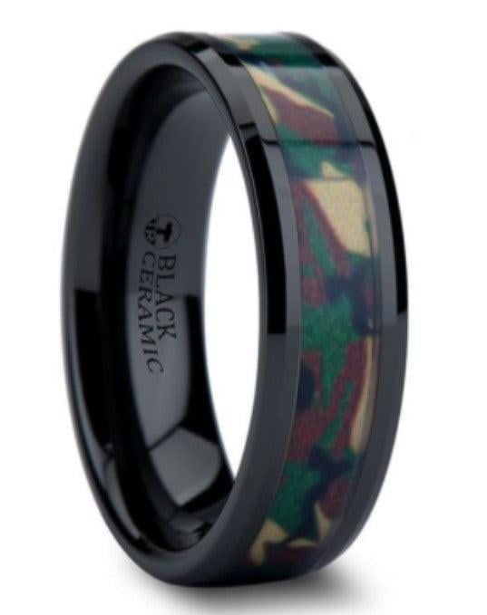 RANGER Beveled Black Ceramic Real Military Style Jungle Camo Ring - 6mm ...