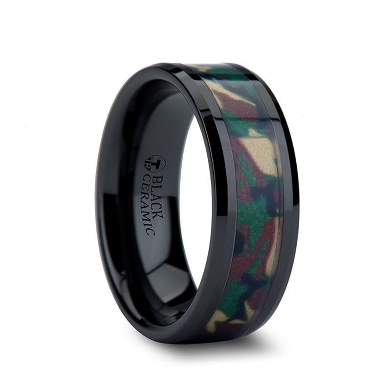 RANGER Beveled Black Ceramic Wedding Ring with Real Military Style ...