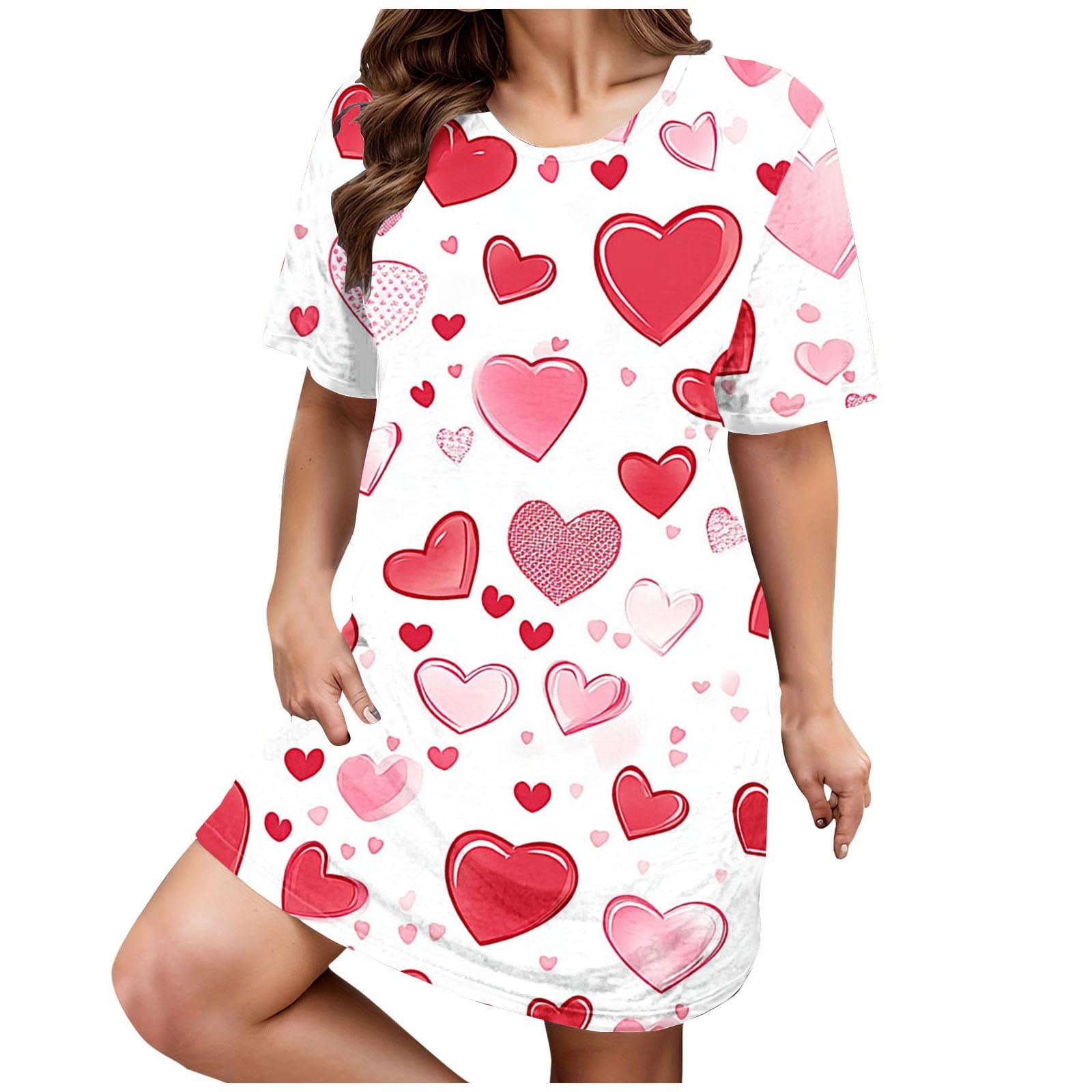 RANJIE Women's Plus Size Nightgown Heart Print Short Sleeve Crewneck ...