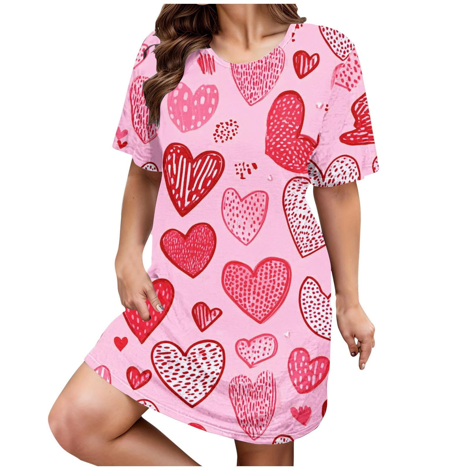 RANJIE Women's Valentine's Day Nightgown Heart Print Short Sleeve Sleep ...