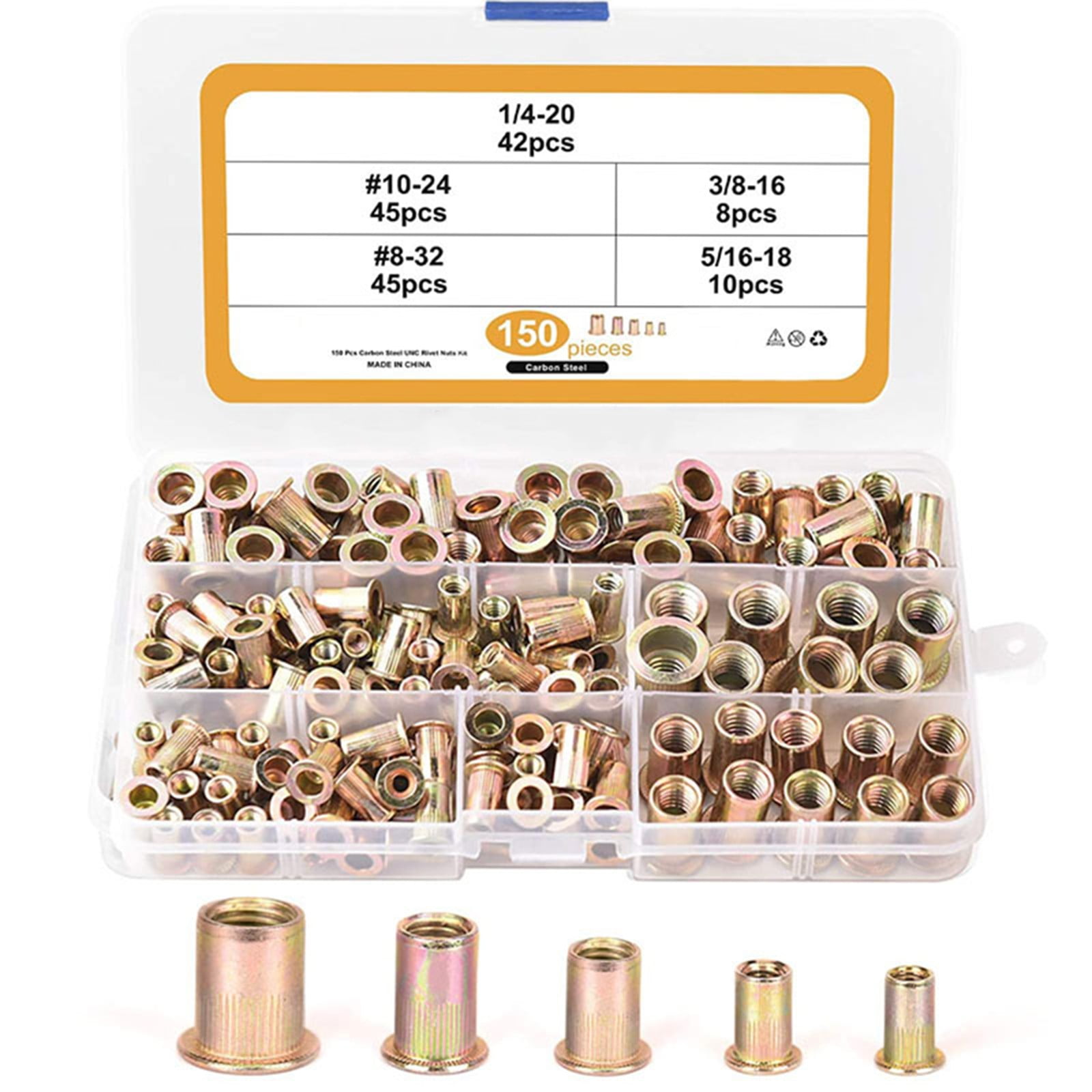 RANMEI Diverse Sizing Options Complete Set Of Zinc Plated Ribbed Nuts ...
