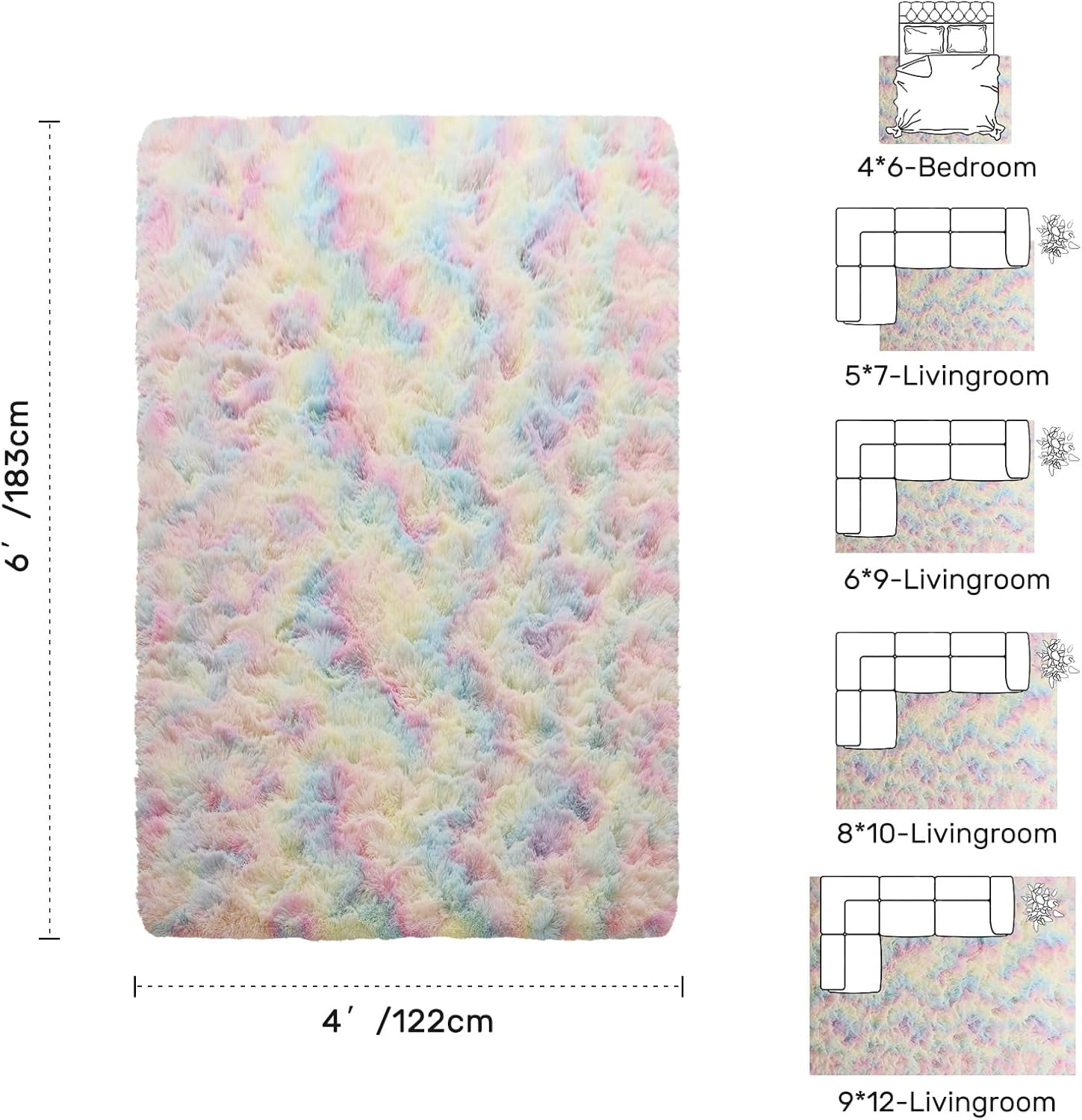 RANOIUE 4x6 ft Fluffy Rainbow Area Rug for Bedroom Soft Fuzzy Living ...