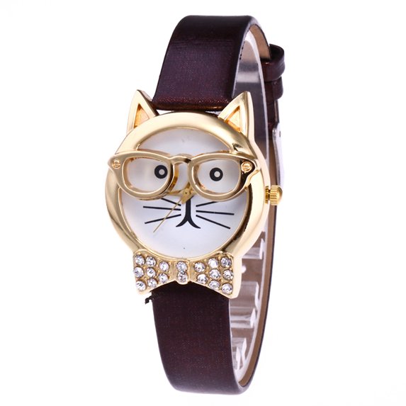 RAOx Cute Cat Face Round Dial Rhinestone Faux Leather Women Analog ...