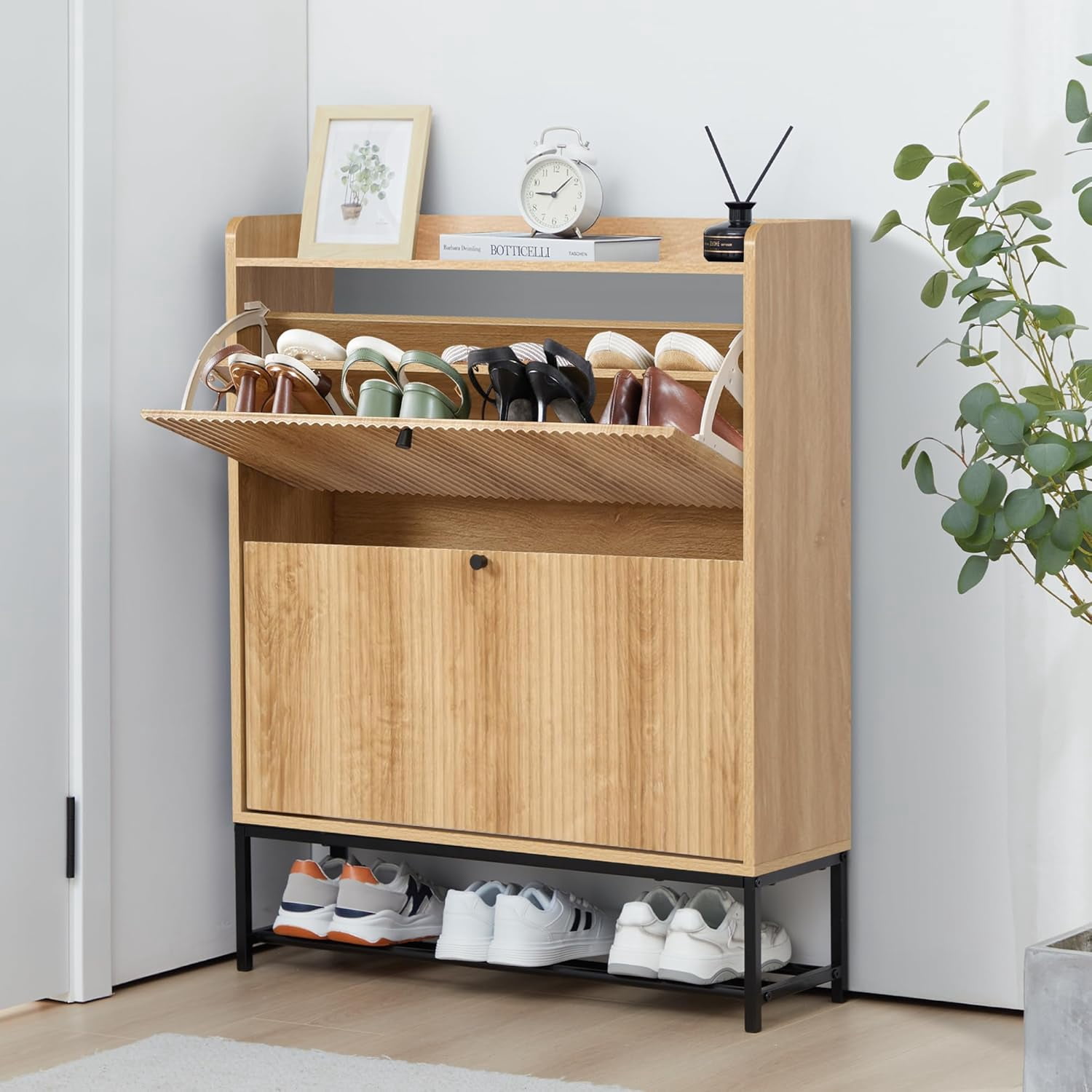 RARZOE Fluted Shoe Cabinet for Entryway with 2 Flip Drawers, Narrow ...