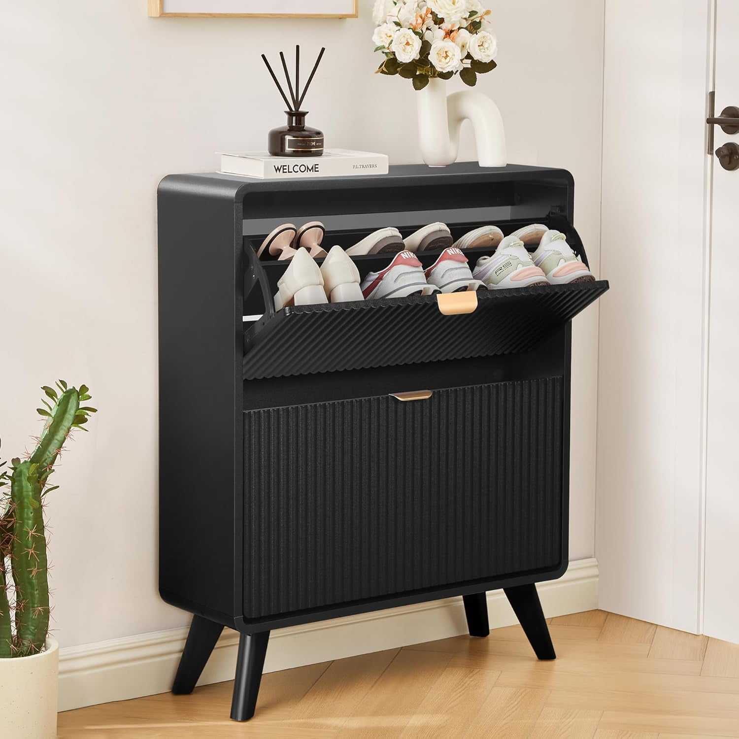 RARZOE Fluted Shoe Storage Cabinet with 2 Flip Drawers, Narrow Curved ...