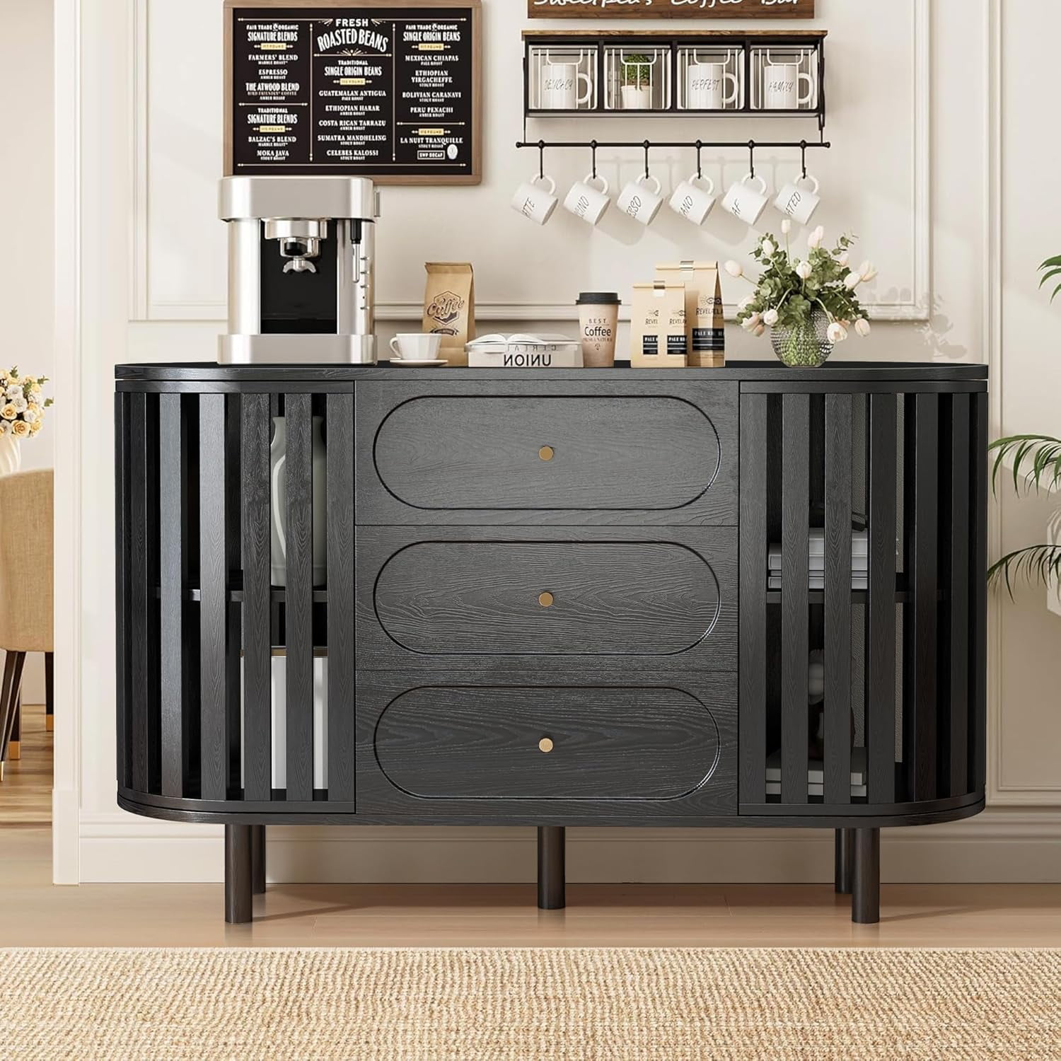 RARZOE Fluted Sideboard Buffet Cabinet with 3 Drawers, Modern Credenza ...