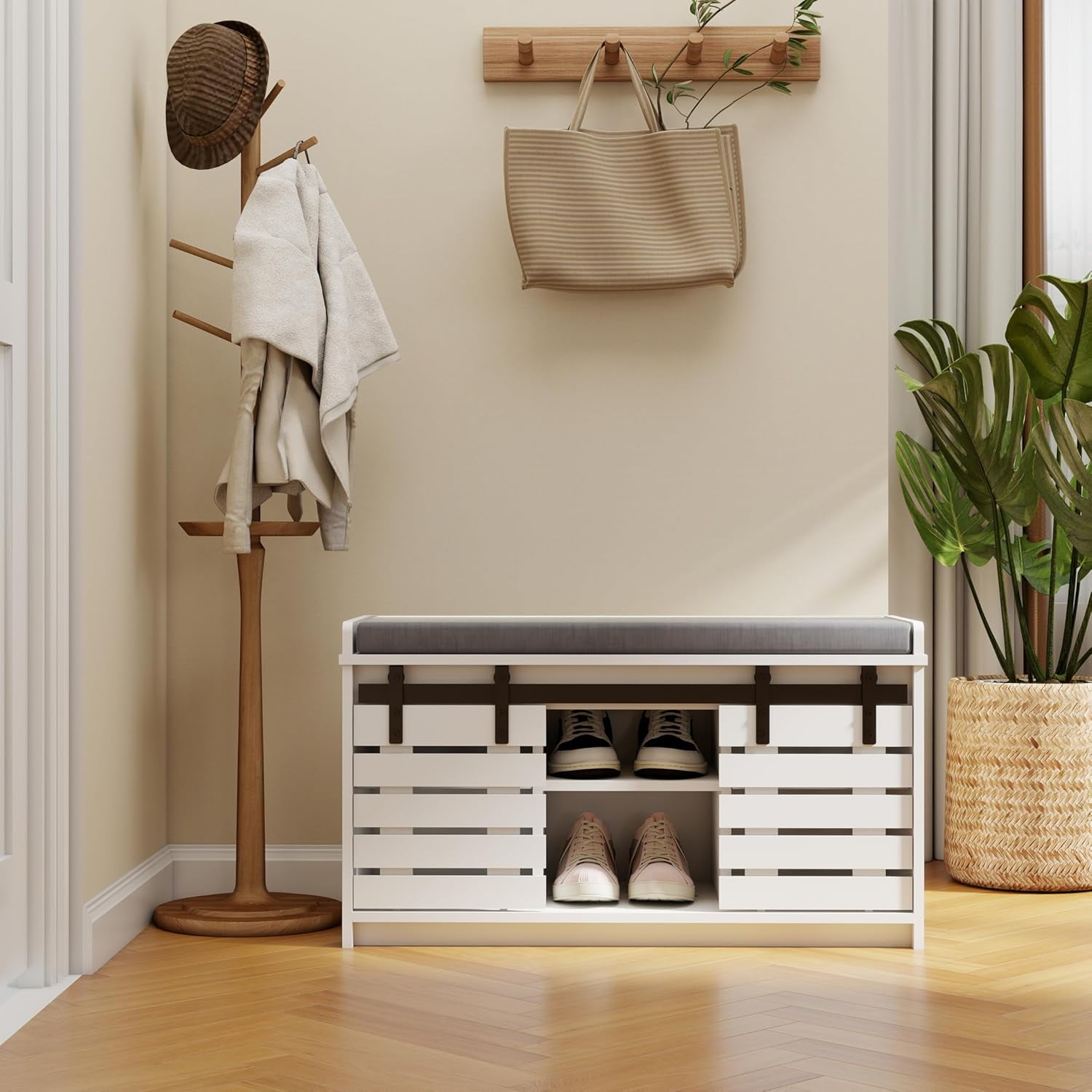 RASOO Shoe Storage Bench with Sliding Barn Doors, White Shoes Bench ...
