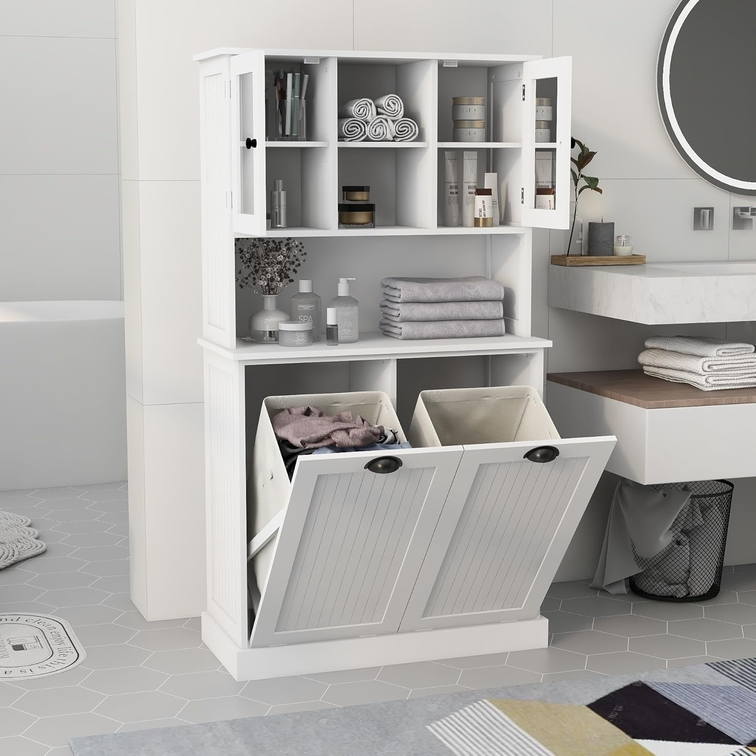 RASOO Tilt-Out Laundry Cabinet White Tall Bathroom Storage Cabinet ...