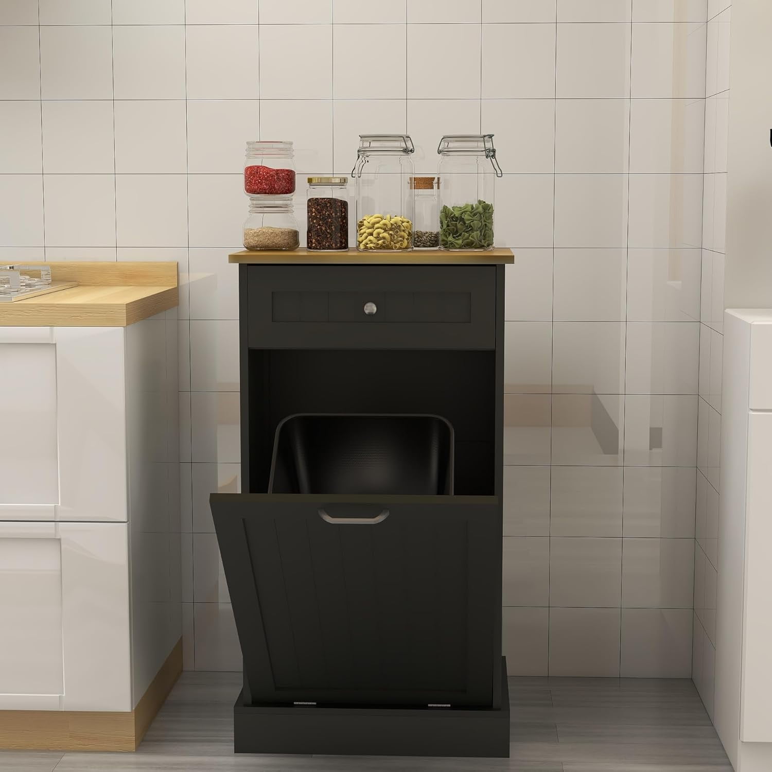 RASOO Tilt Out Trash Cabinet Wooden Freestanding Dog Proof Single Door ...