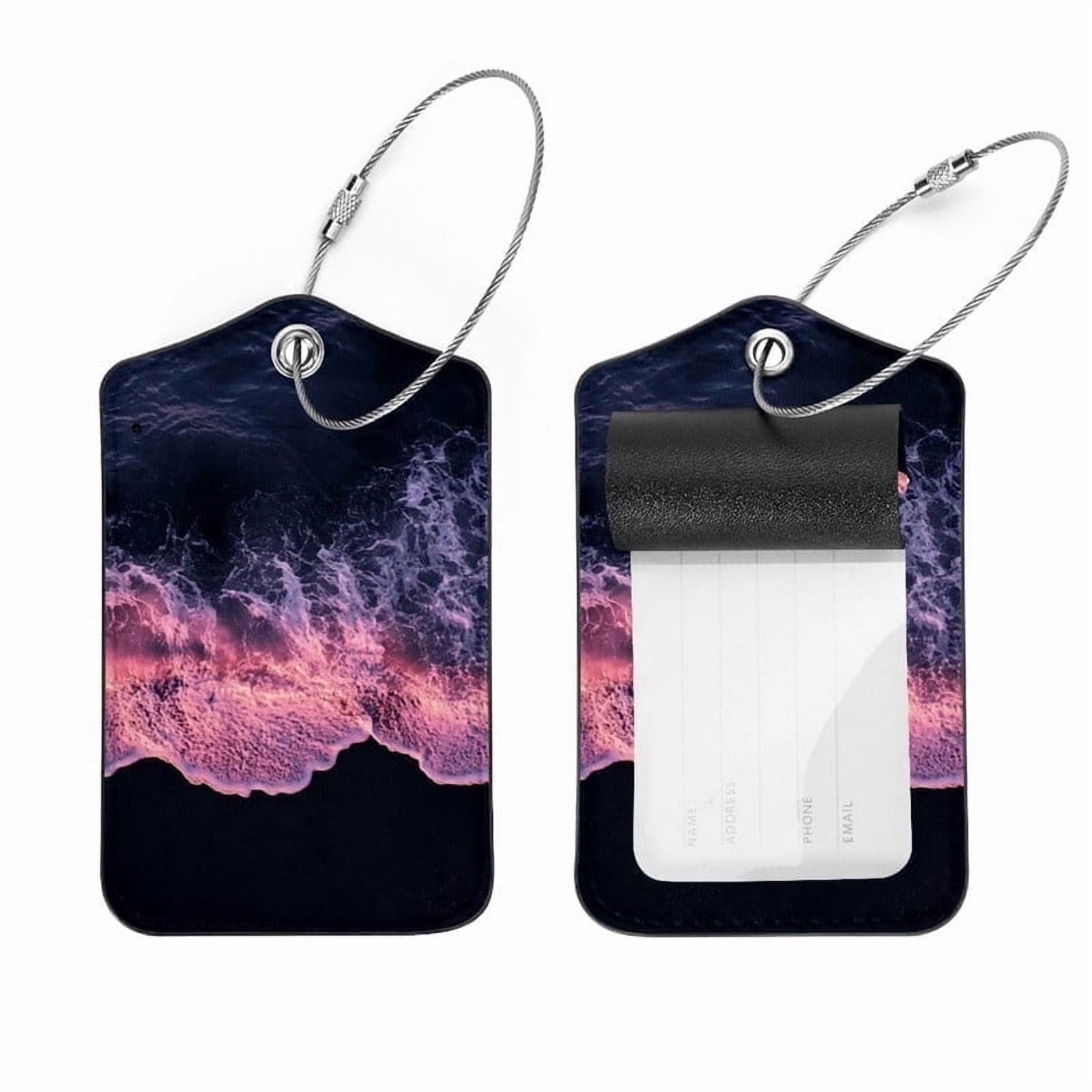 RATGDN 2Pcs PU Leather Luggage Tags, Pink Wave Black Sea Shore ...