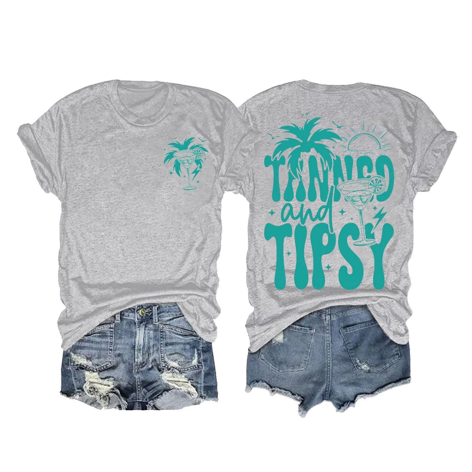 RATTOYY Basic Tees For Women Tanned For Beach Summer Coconut Tree Gray ...