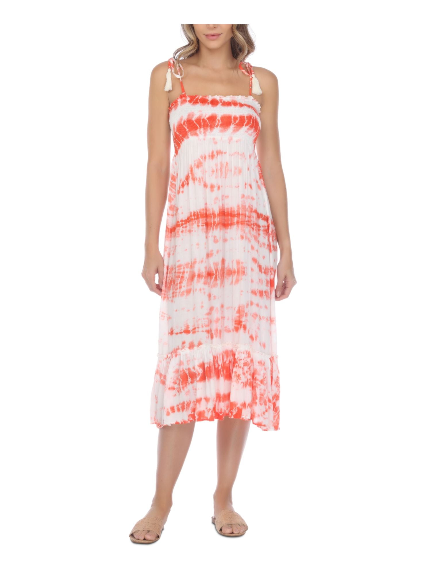 RAVIYA Women's Coral Tie Dye Stretch Tie Ruffled Midi Dress Smocked ...