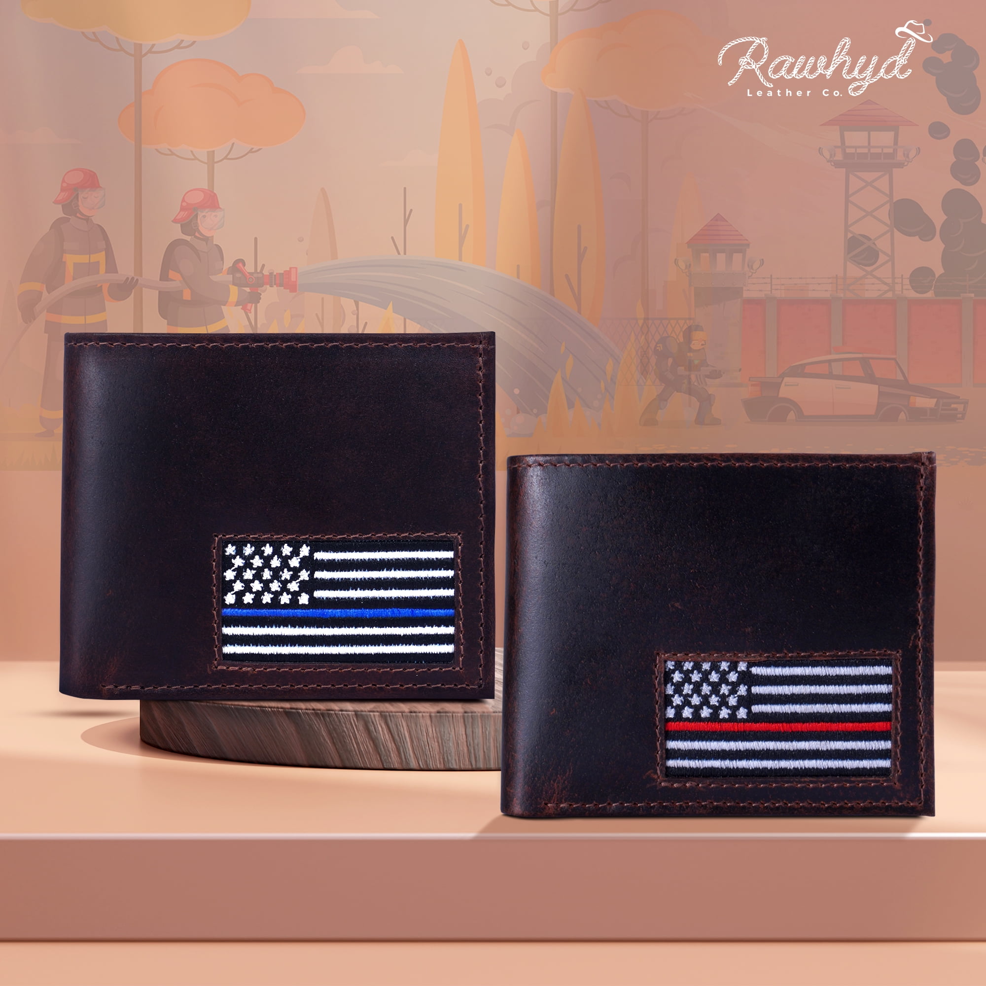 RAW HYD Firefighter Lives Matter Flag Wallet, Full-Grain Leather with Needlepoint Red Lives Flag ...