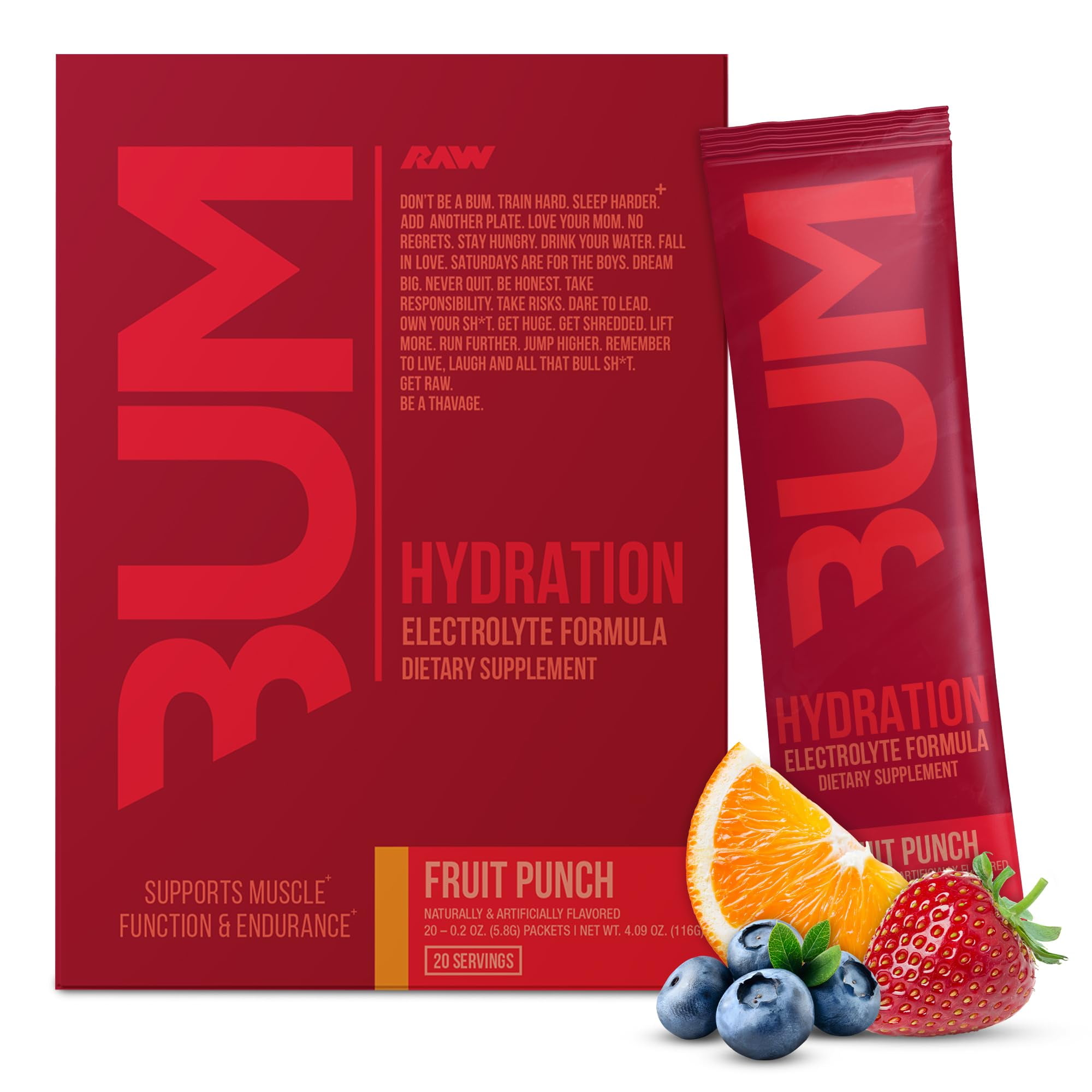 RAW Electrolytes Powder Hydration Drink Mix Packets, BUM Hydrate (Fruit ...