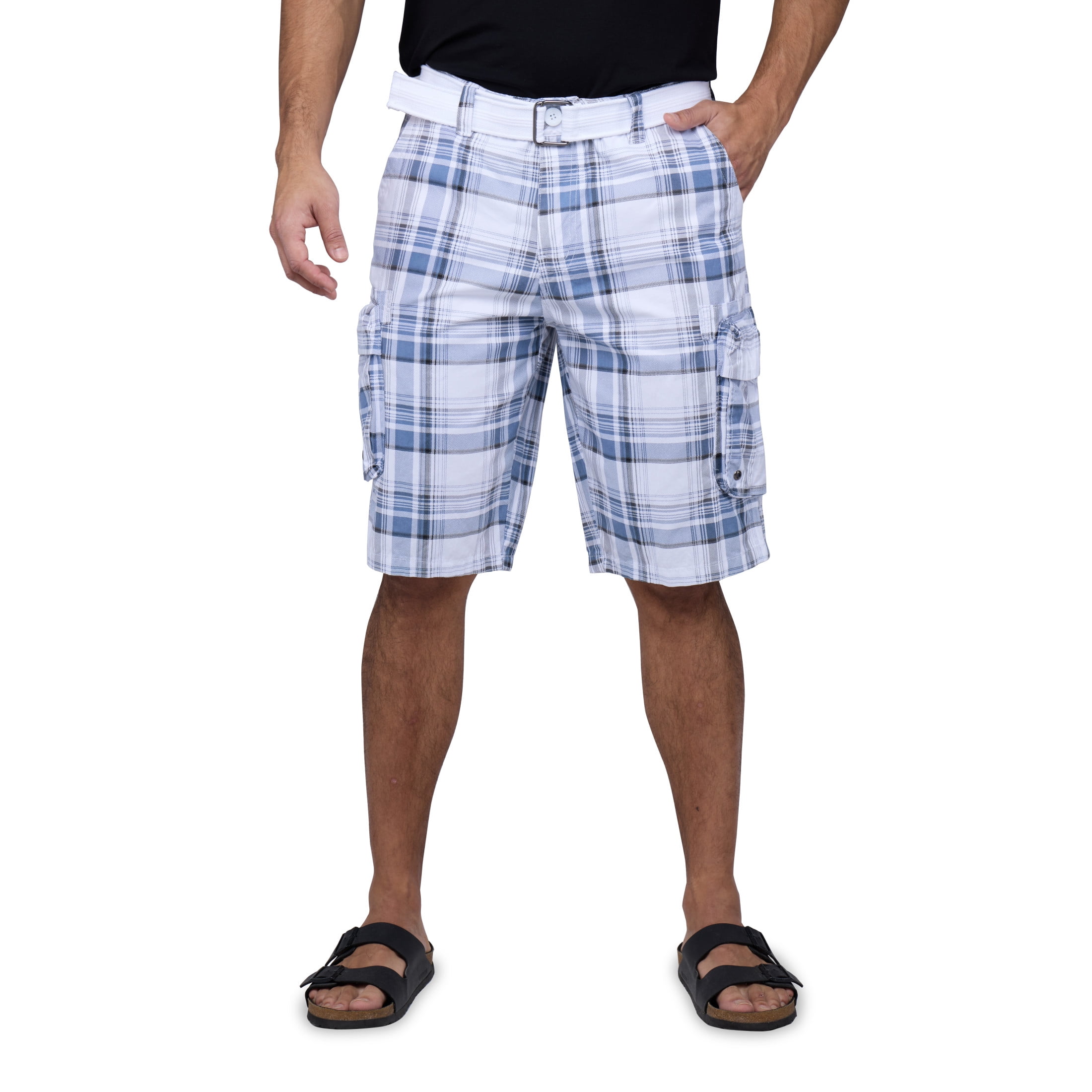 RAW X Mens Belted 12.5" Inseam Knee Length Cargo Shorts, Plaid Blue ...