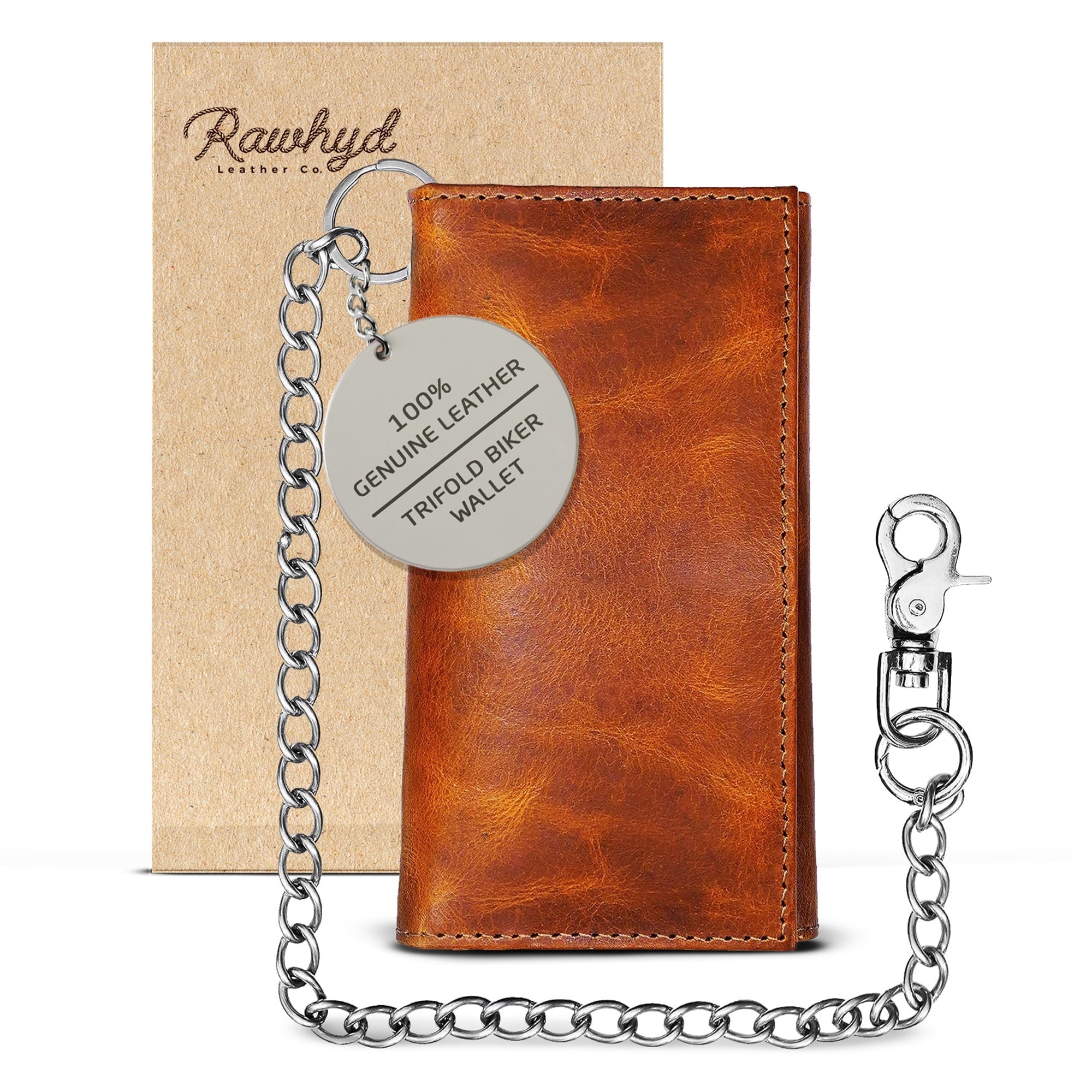 RAWHYD Genuine Brown Leather Trifold Biker Wallet for Men with Zipper ...