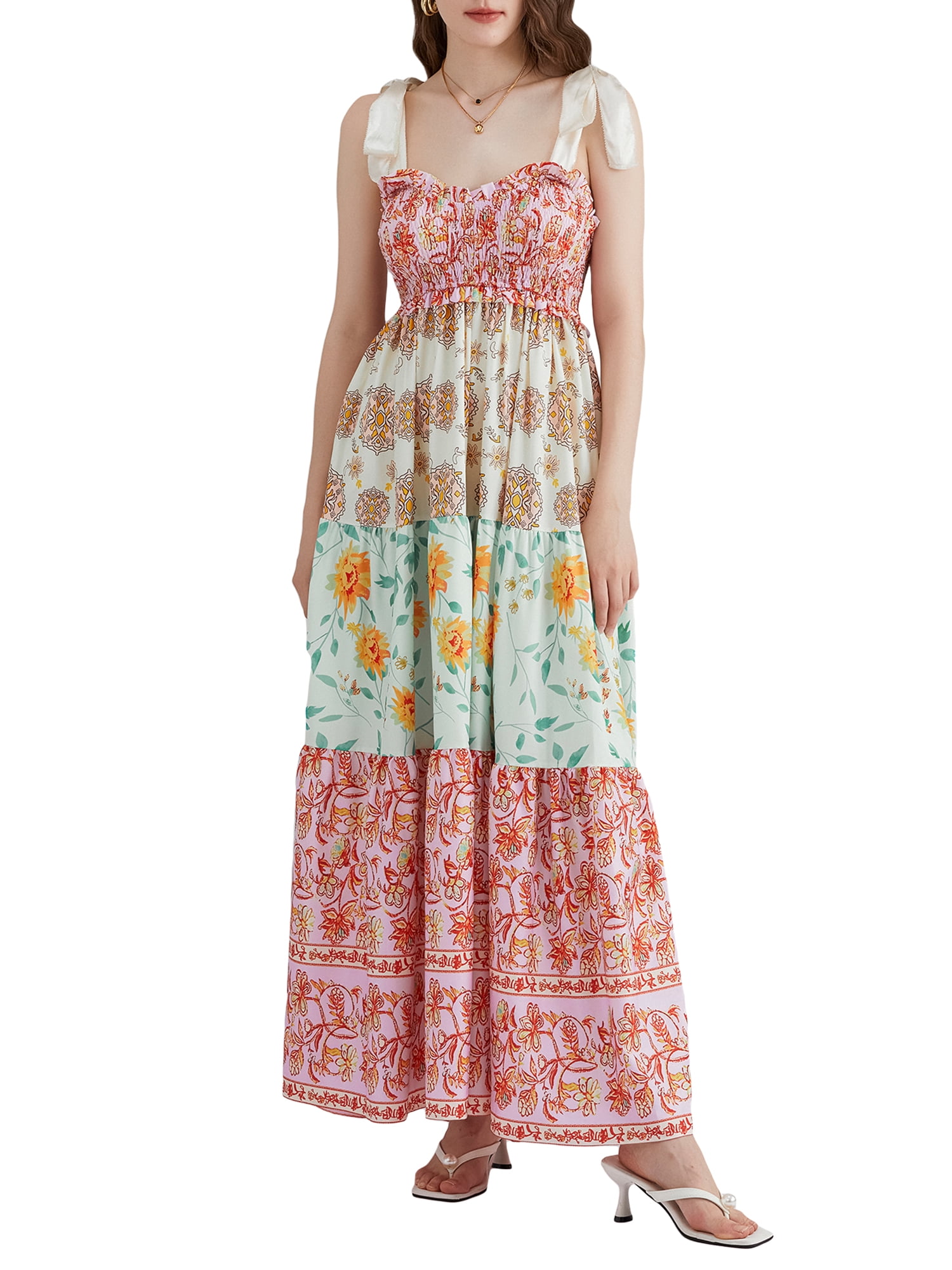 RAWUATEY Summer Women Cami Dress Floral Print Tie-Up Shoulder Straps ...