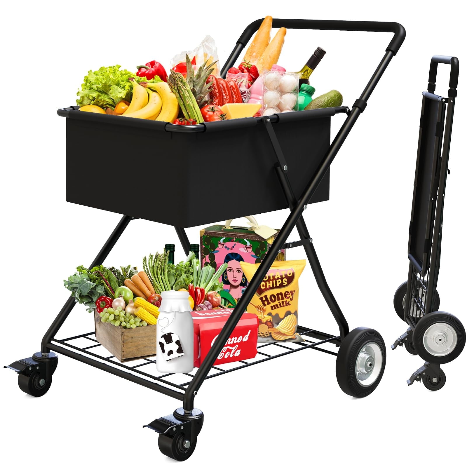 RAXSINYER Folding Shopping Cart, Heavy-Duty with Wheels, Double-Tier ...