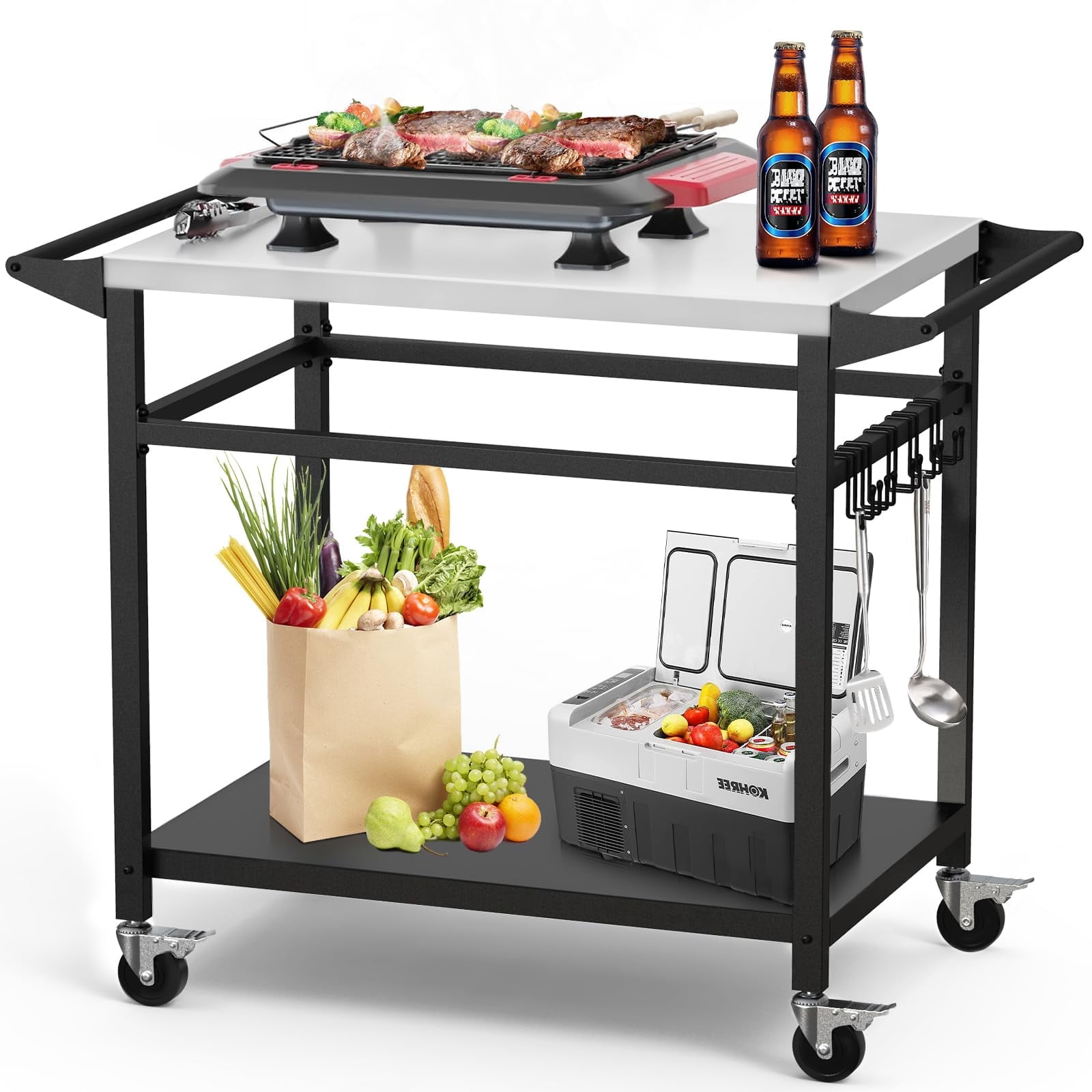 RAXSINYER Grill Table Cart with Double-Shelf, Outdoor Rolling Dining ...