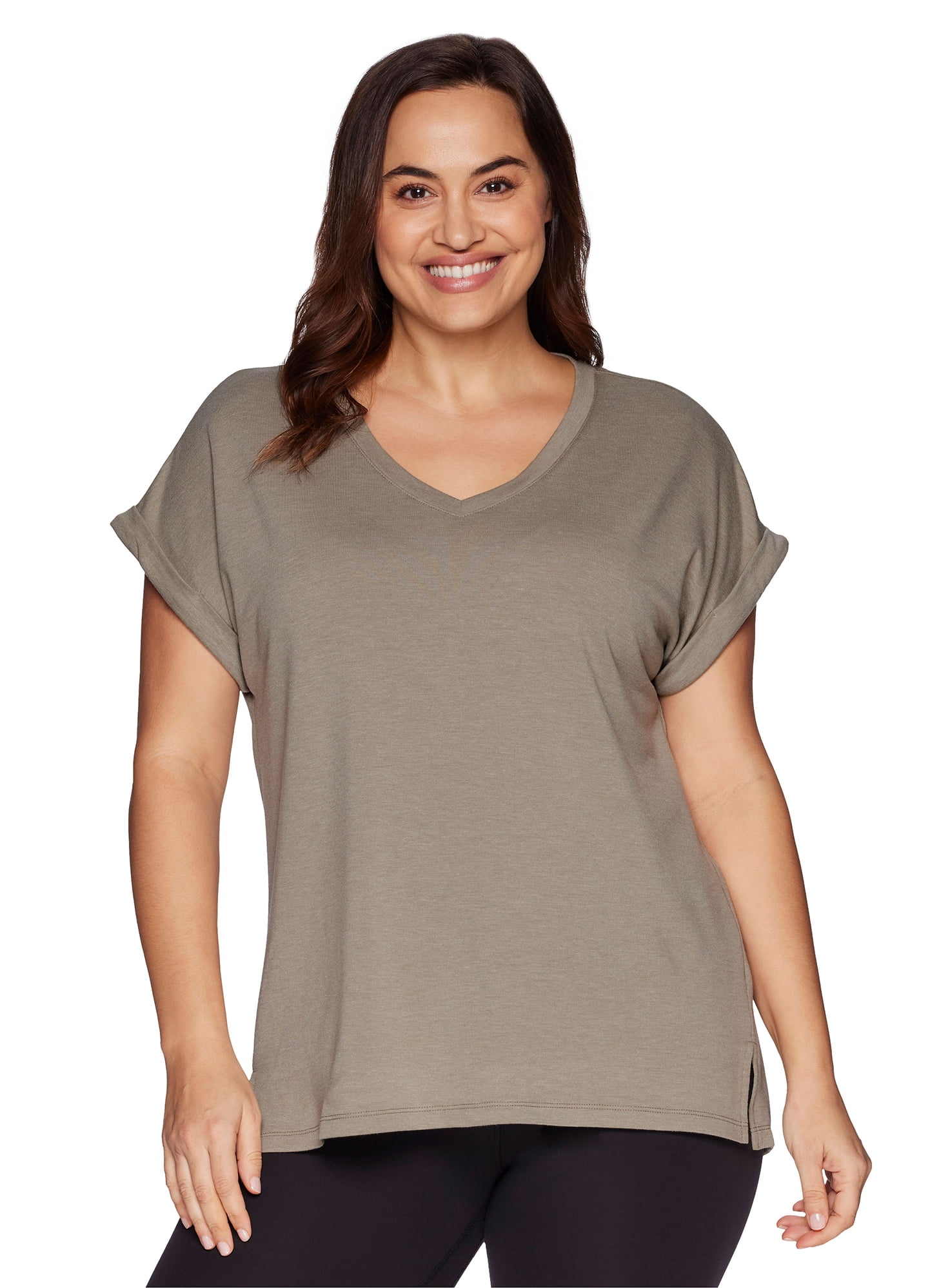 RBX Active Women's Plus Size French Terry V-Neck Short Sleeve Tunic Top ...