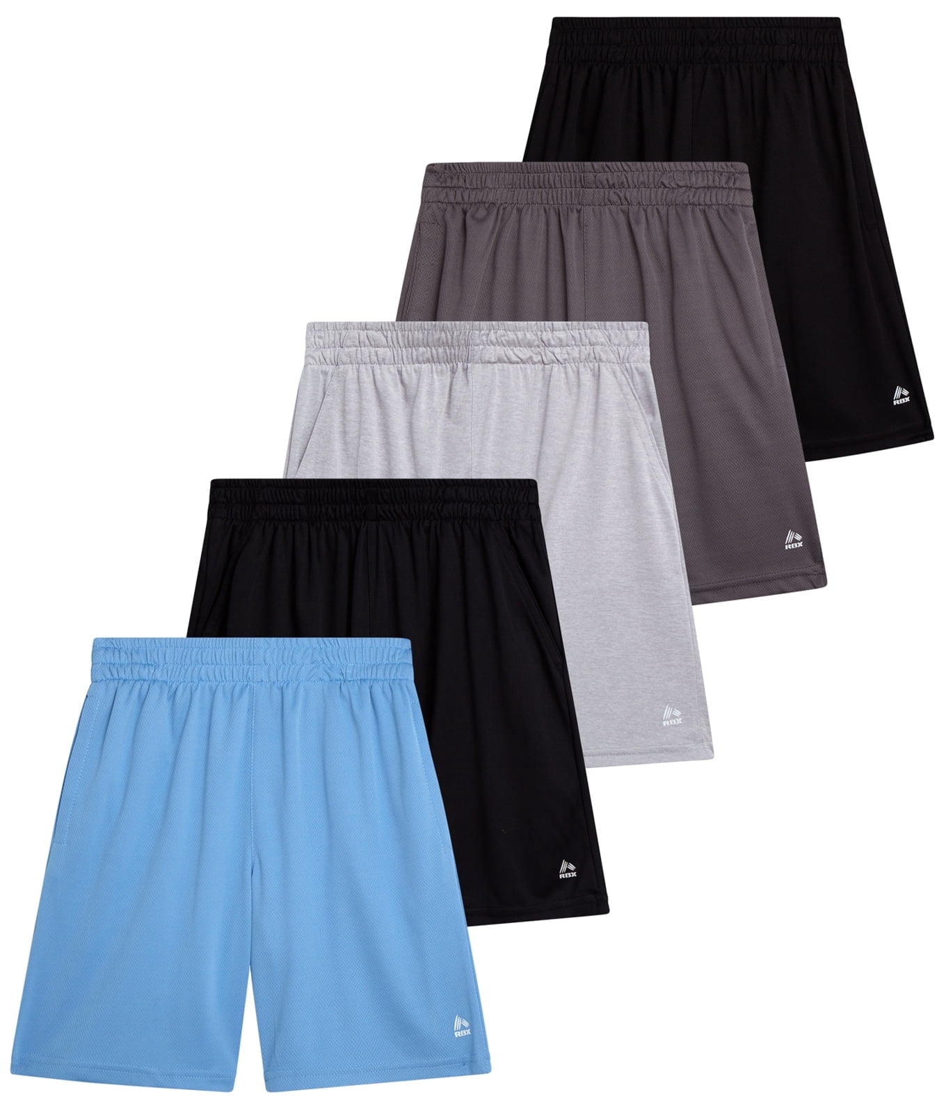 RBX Boys' Athletic Shorts, 5 Pack Mesh Gym Shorts with Elastic Waist ...