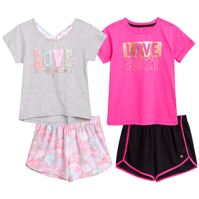 RBX Girls' Active Shorts Set - 4 Piece Athletic Shirt and Gym Dolphin ...