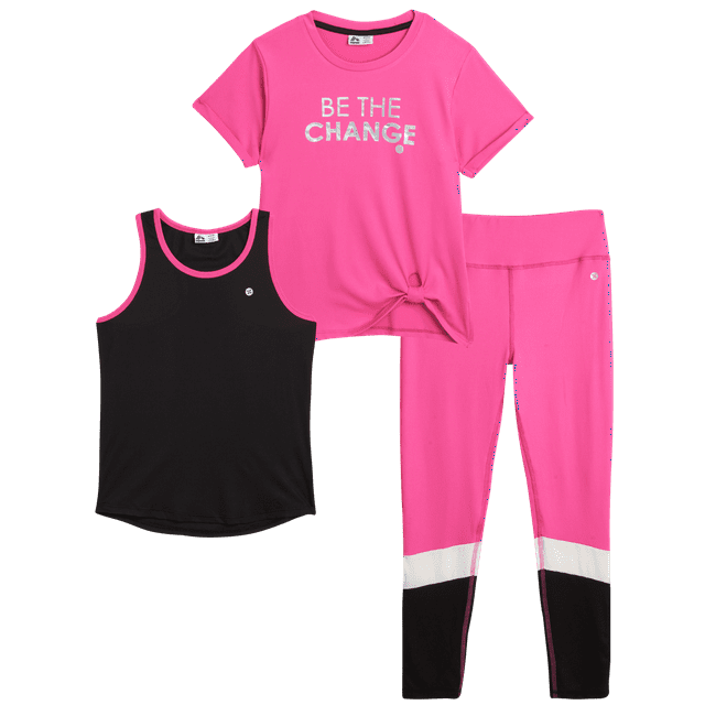 RBX Girls' Pants Set - 3 Piece Short Sleeve Performance T-Shirt, Tank ...