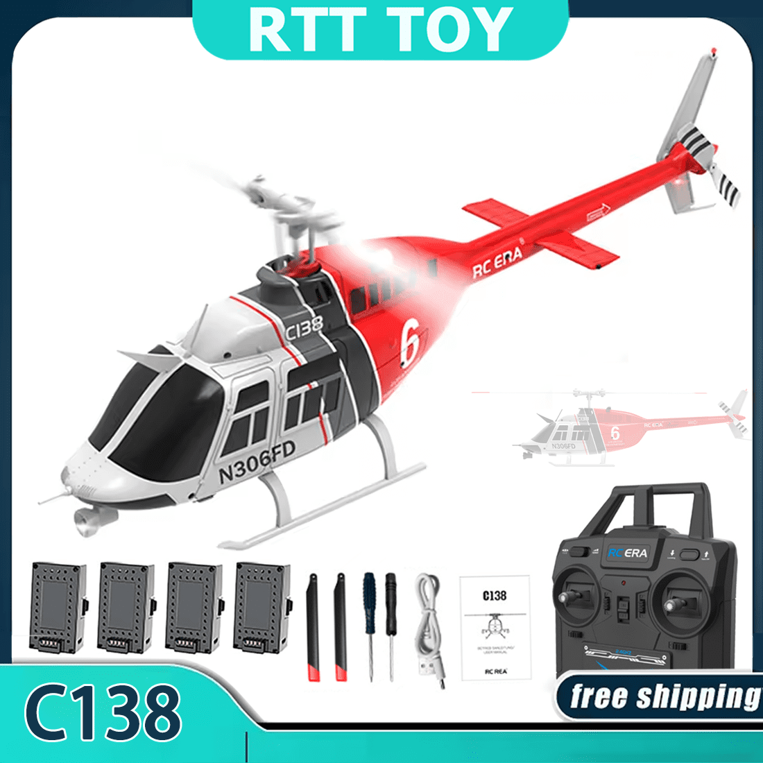 RC ERA C138 RC Helicopter, 1/33 Scale BELL 206 Single-Rotor 6CH Remote ...