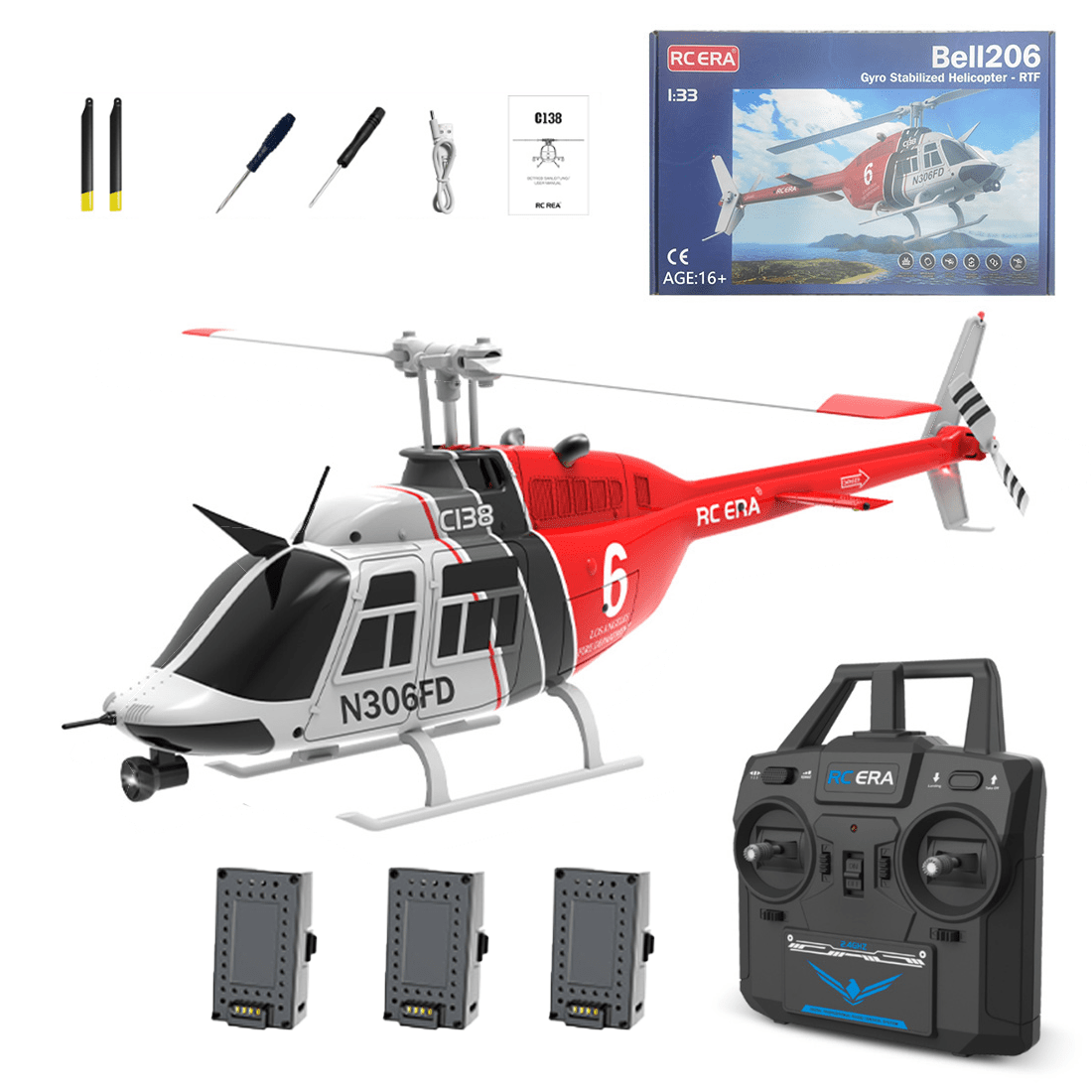 RC ERA C138 RC Helicopter, 1/33 Scale BELL 206 Single-Rotor 6CH Remote ...