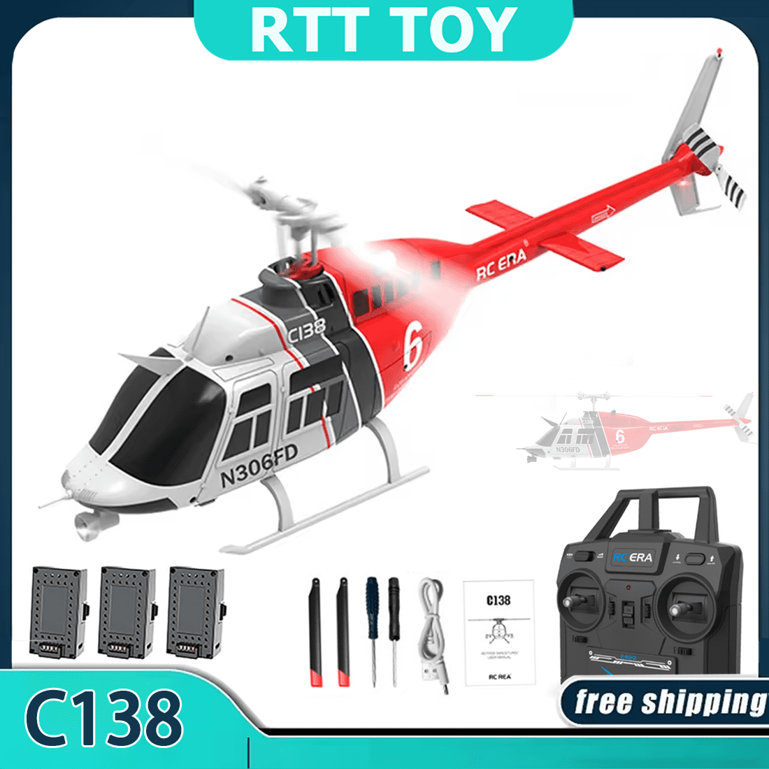 RC ERA C138 RC Helicopter, 1/33 Scale BELL 206 Single-Rotor 6CH Remote ...