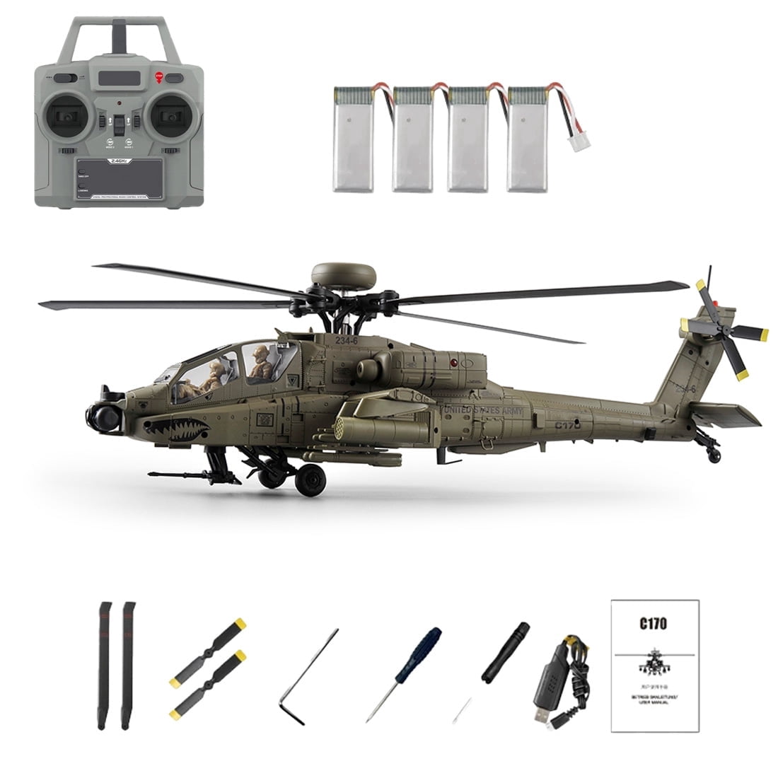 RC-ERA C170 AH-64D Brushless RC Helicopter, 1/48 Scale 2.4GHz 6CH ...