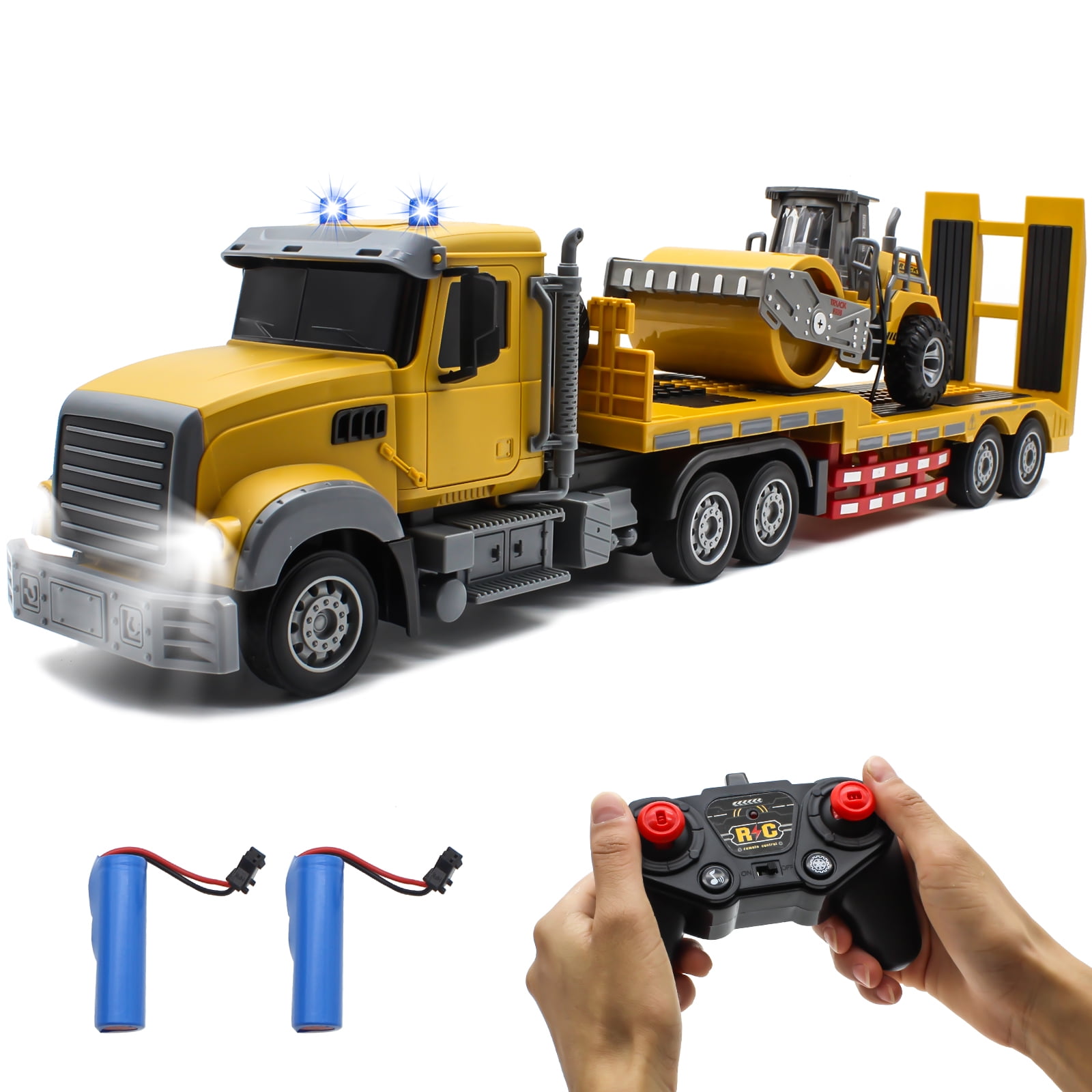RC Semi Truck with Trailer, 1:24 Semi-Trailer Engineering Tractor with Road Roller Toys, 2 ...