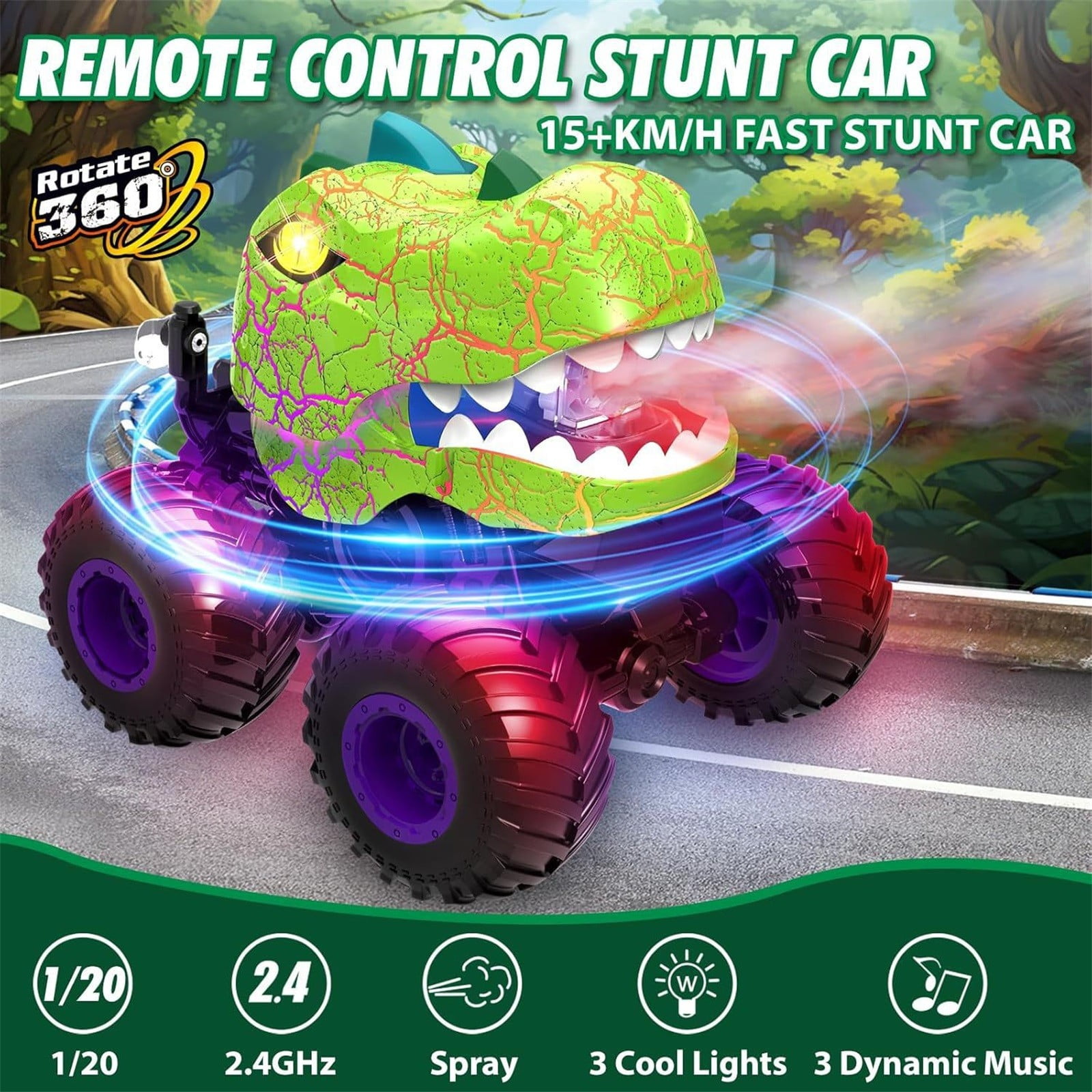 RC Truck Dinosaur Remote Control Truck - Dinosaur Toys 2.4Ghz RC 360°Rotating Off-Road Stunt Car ...