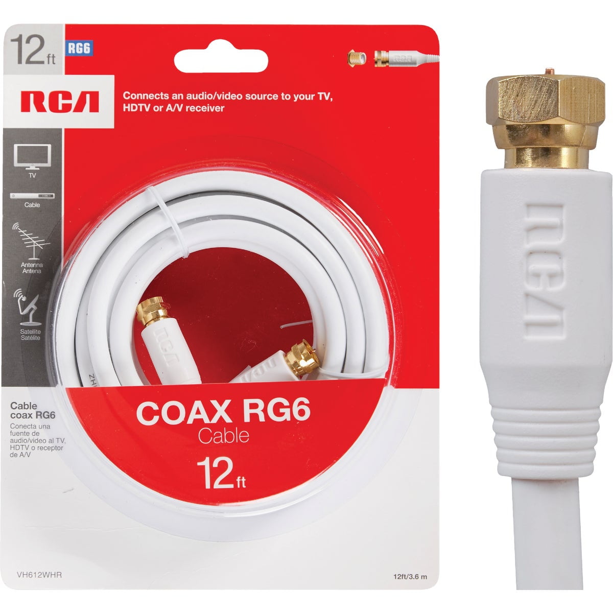 RCA 12' RG-6 Digital Coaxial Cable with Gold Plated F Connectors White ...