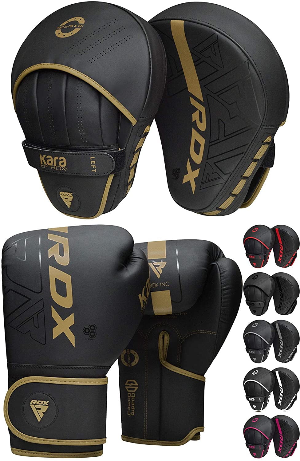 RDX Boxing Pads and Gloves Set, Maya Hide Leather KARA Hook and Jab Curved Focus Mitts with ...