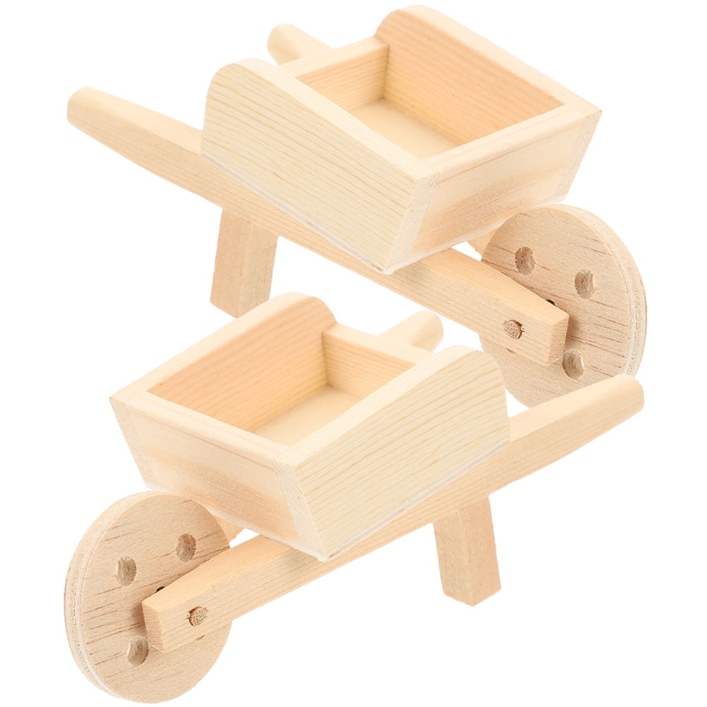 REACHISE 2 pcs Doll House Miniature Wooden Barrows Mini Wood Wheelbarrows Models Mini Cart ...