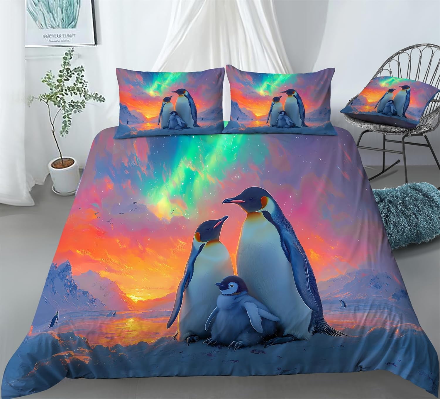 REALIN Arctic Emperor Penguin Print Bedding Aurora Penguin Animal Duvet ...