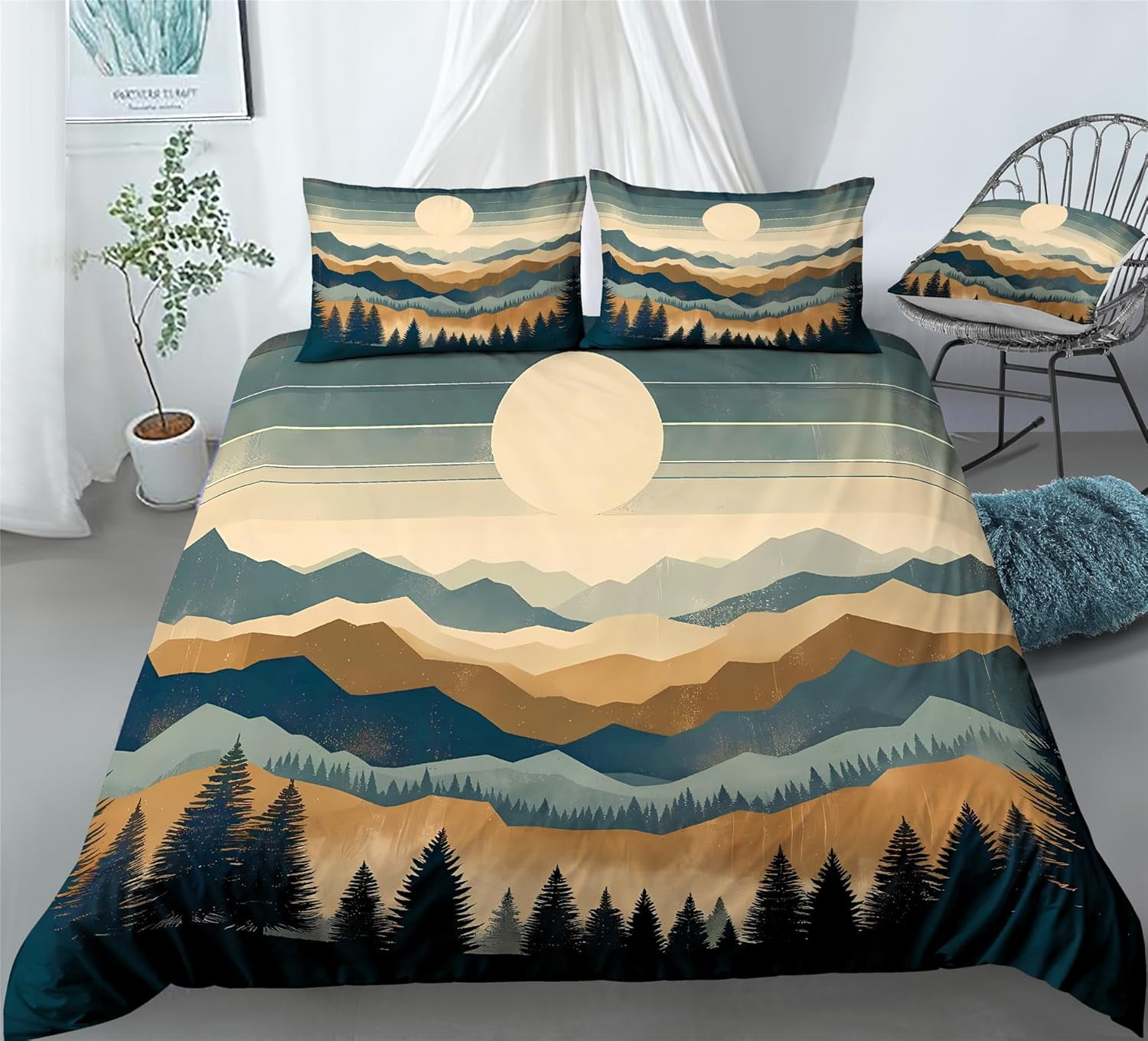 REALIN Mountain Forest Natural Scenery Duvet Cover Set Mountain Sunset Bedding Girl Boy Kids Bed ...